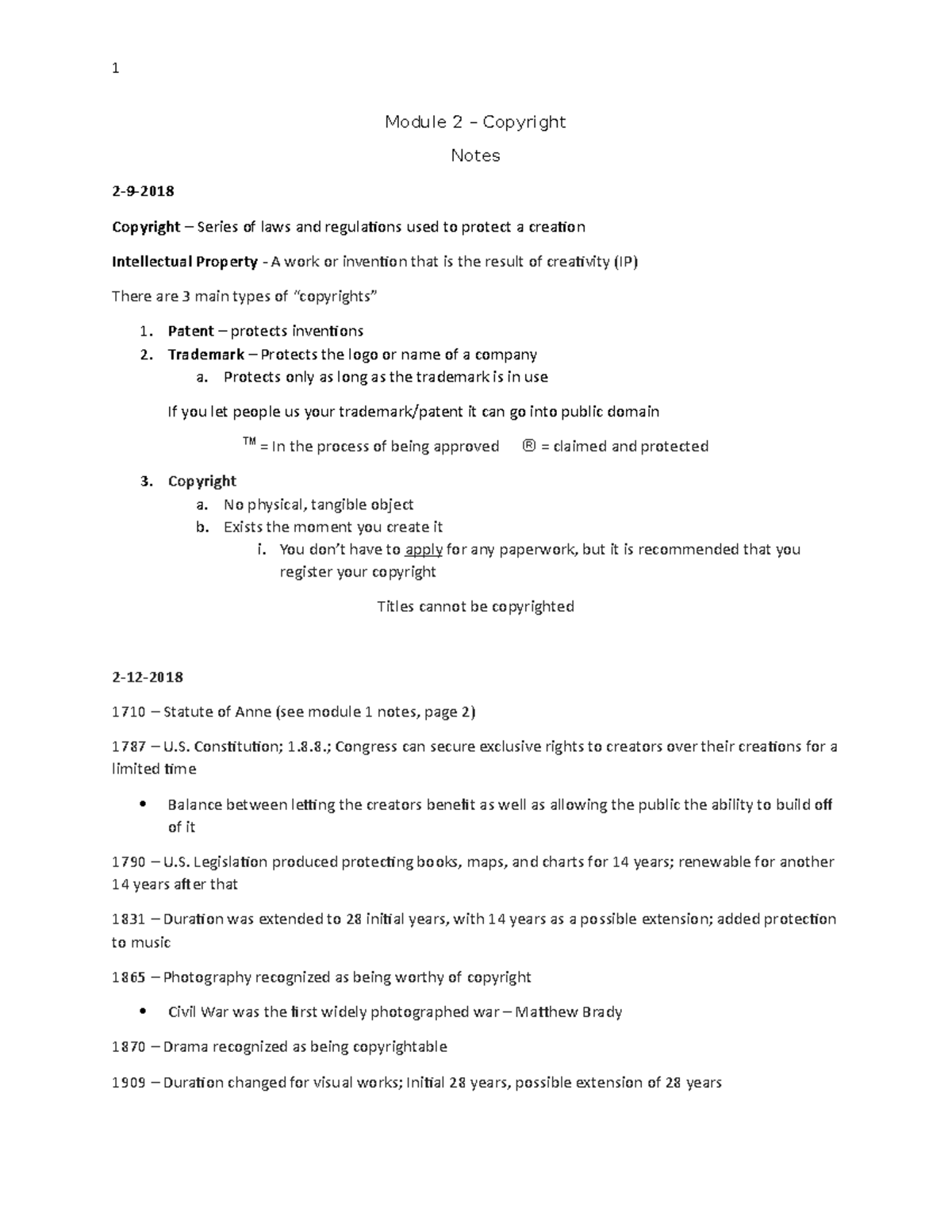 Module 2 notes - 1 Module 2 Copyright Notes Copyright Series of laws ...