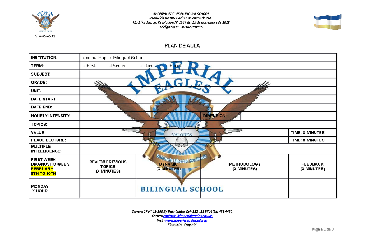 45.41 Formato PLAN DE AULA - IMPERIAL EAGLES BILINGUAL SCHOOL Resolución No 0022 del 27 de enero ...