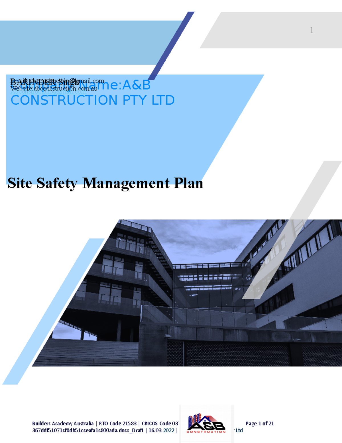 Site Safety Mngmt Plan Ass 2.1 copy - Builders Academy Australia | RTO ...
