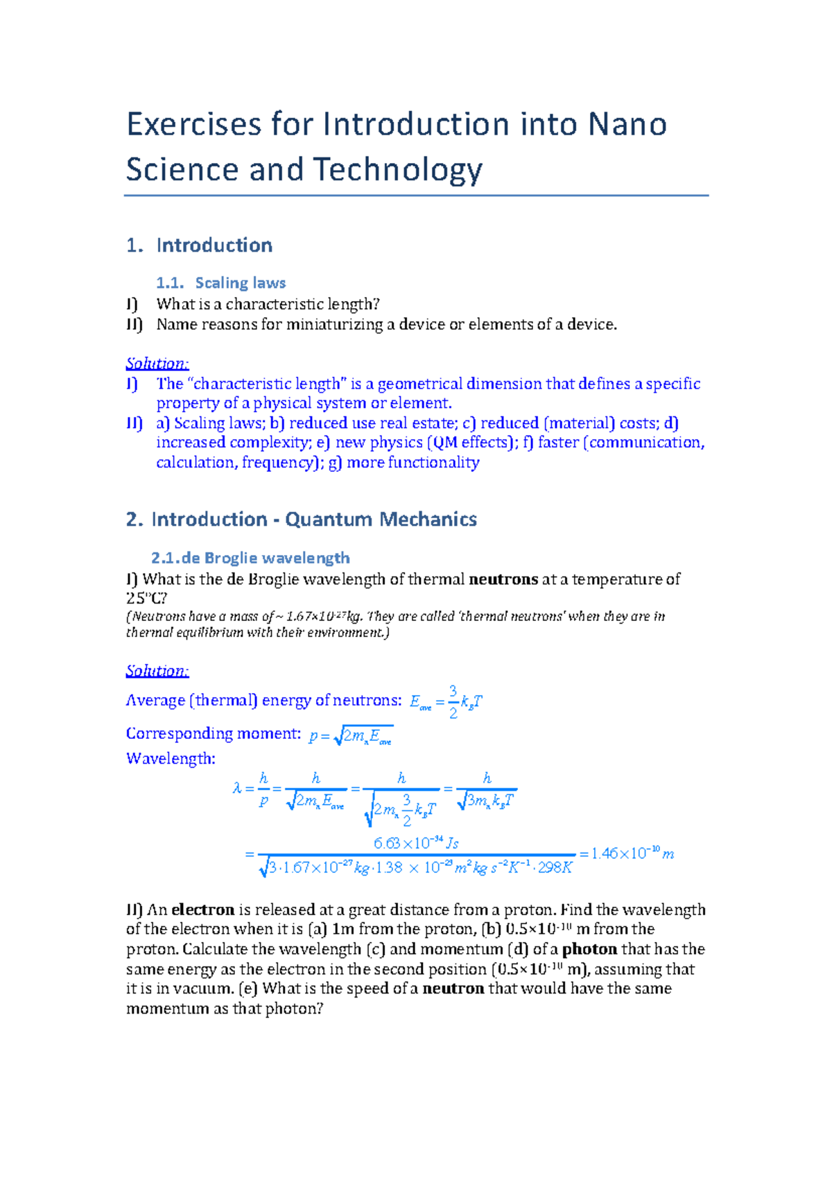 Exercises for Introduction into Nano Science and Technology week1 ...