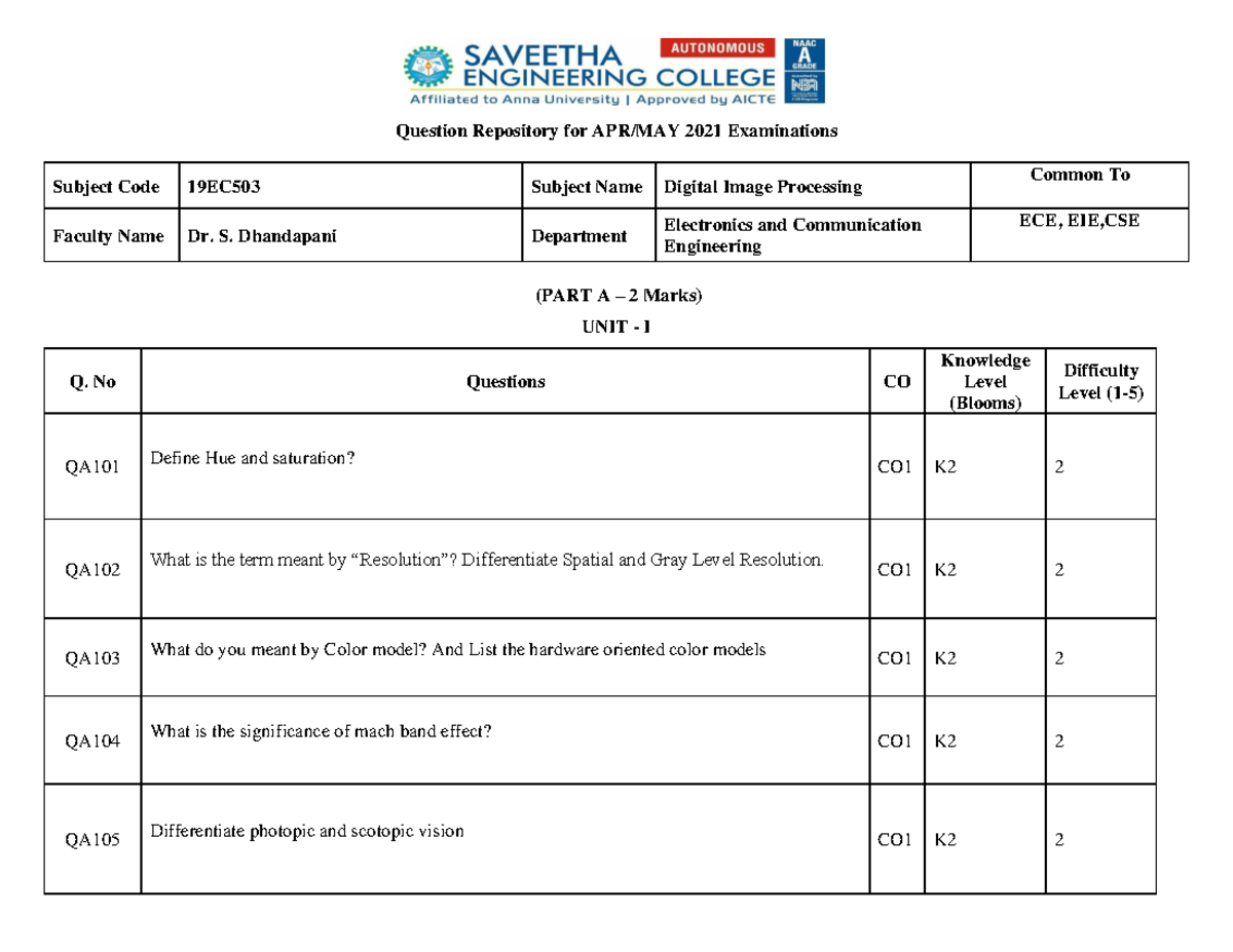 19EC503 - QP - Digital Image Processing - Question Repository for APR ...