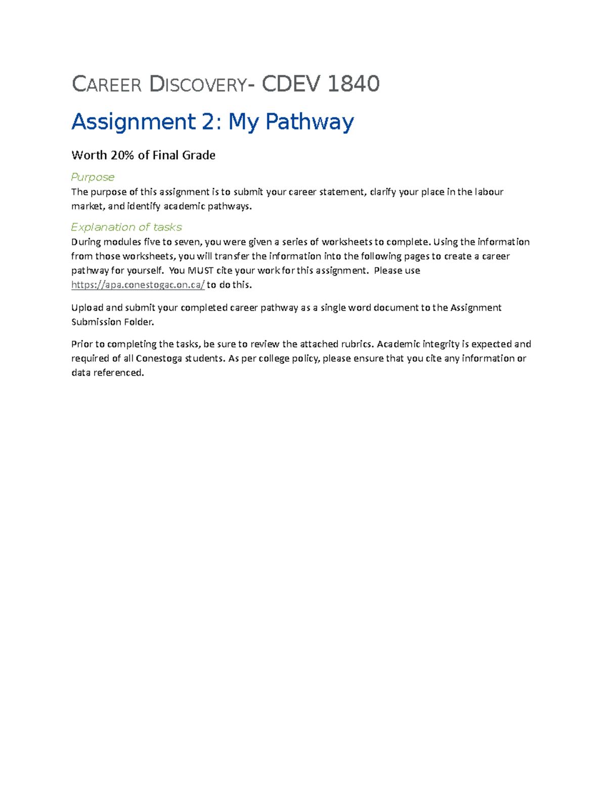 Vedant CDEV1840 Career Discovery Assignment 2 My Pathway - CAREER DISCOVERY- CDEV 1840 ...