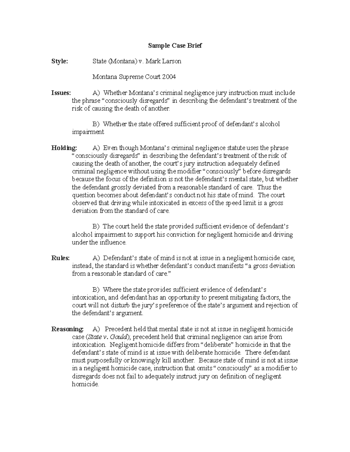 State v larson sample case brief pdf - Sample Case Brief Style: State ...