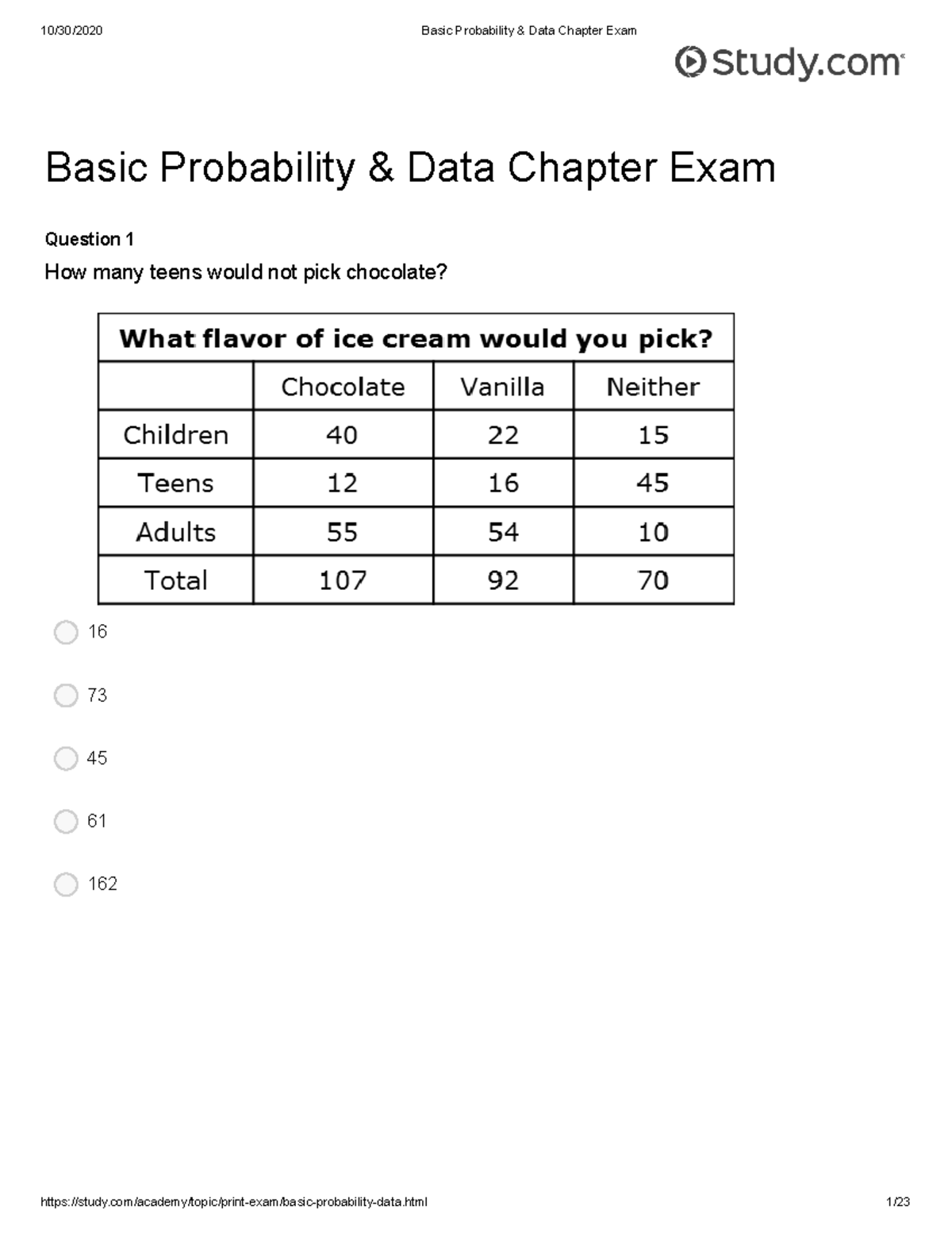 Basic Probability & Data Chapter Exam - Basic Probability & Data ...