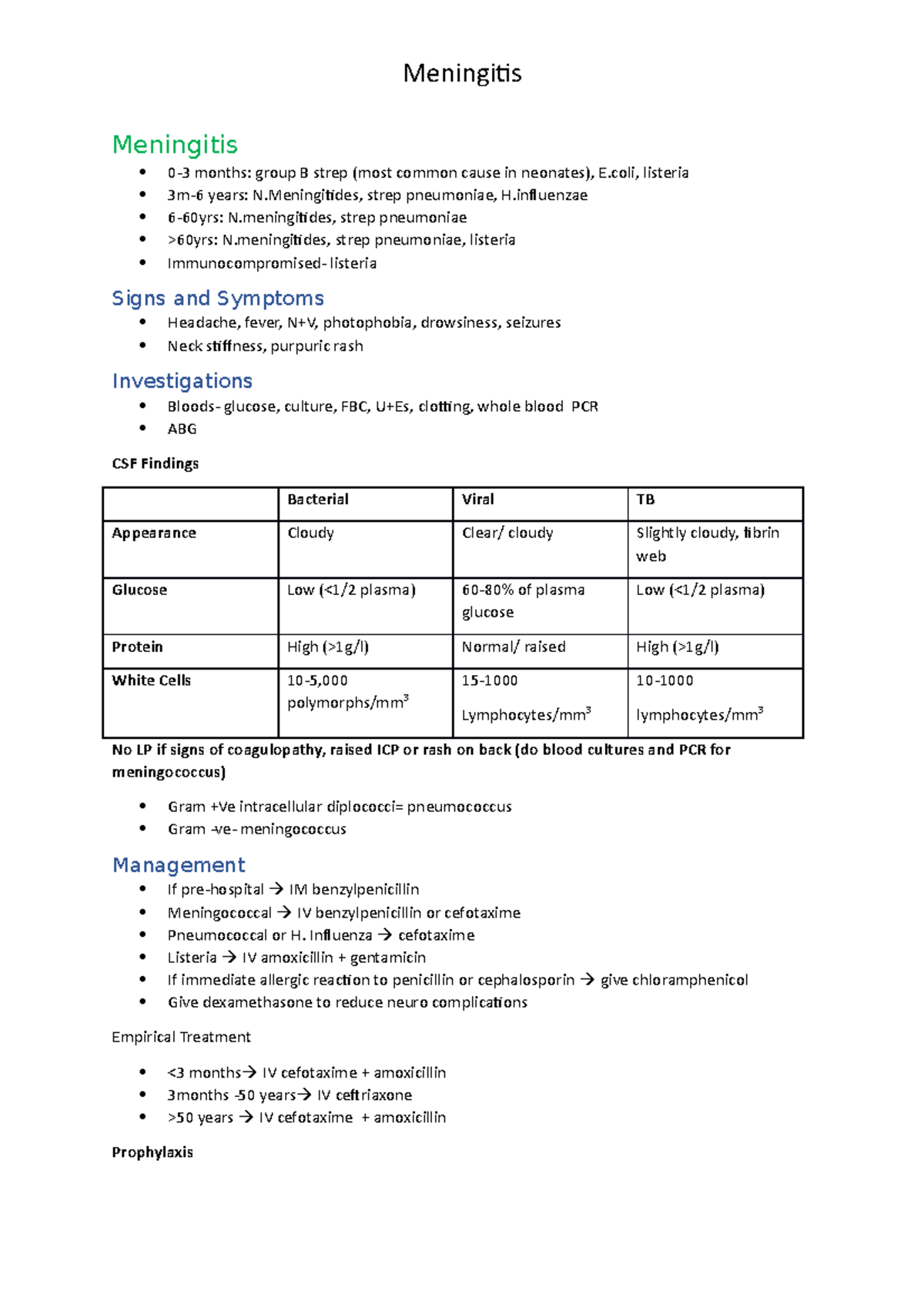 Meningitis - Lecture notes 1 - Meningitis Meningitis 0-3 months: group ...