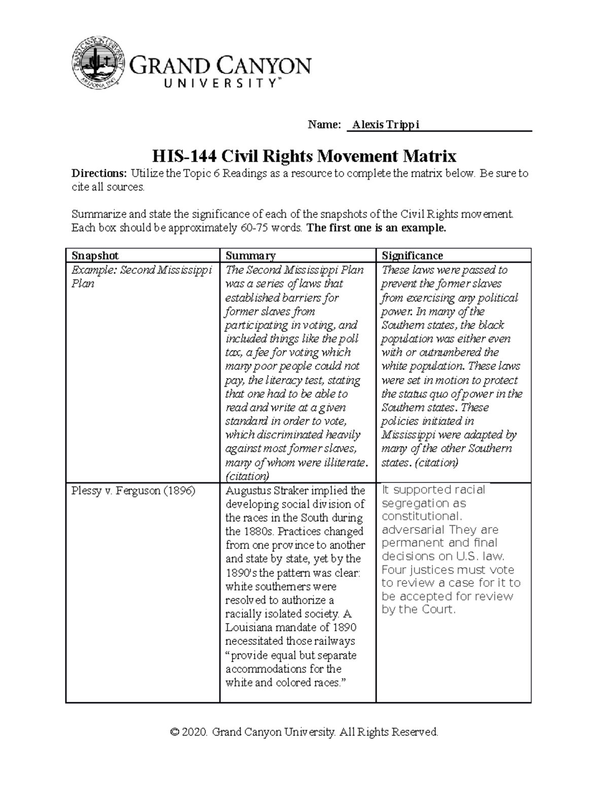 HIS-144-T6 Civil Rights Movement Matrix Online 2 - Name: Alexis Trippi ...