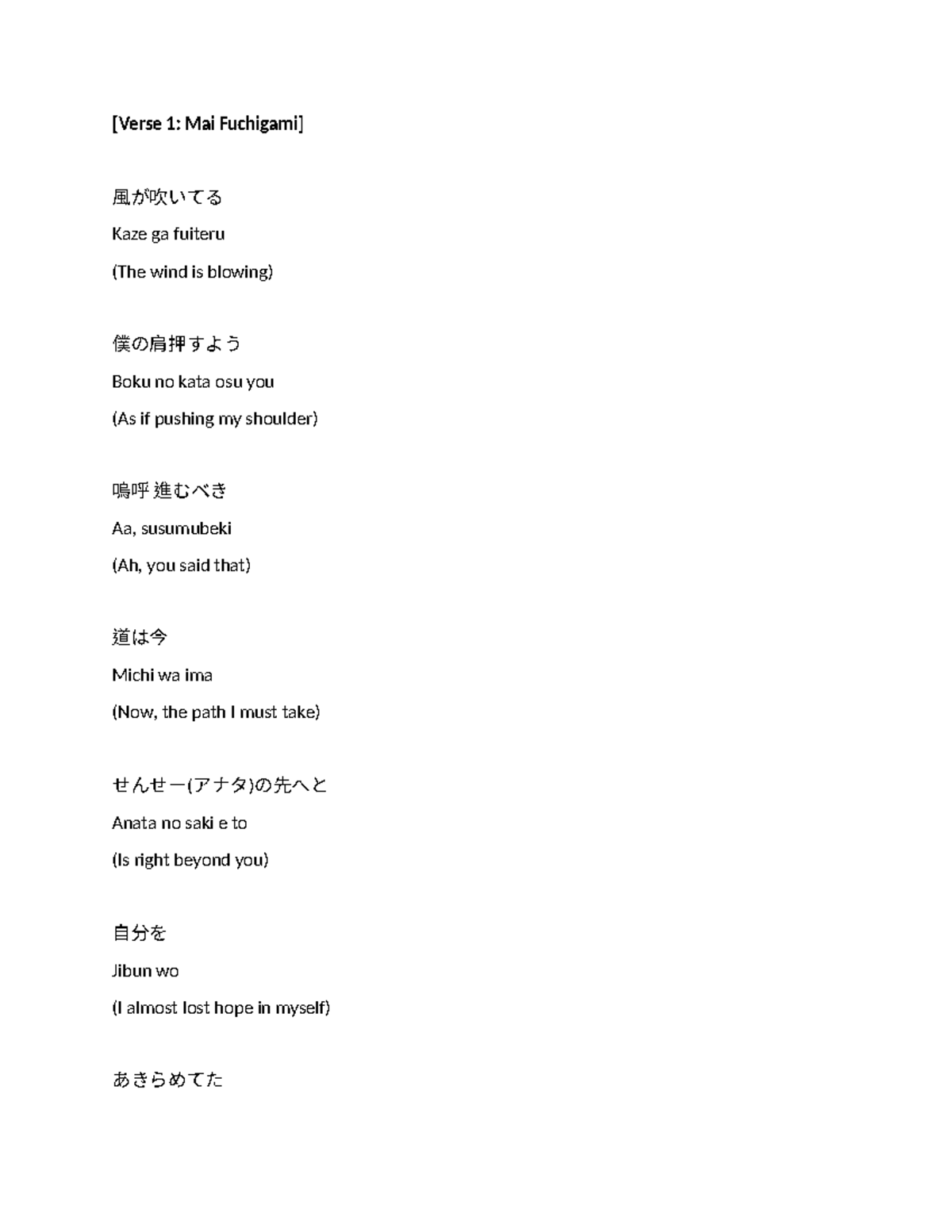 Tabidachi no uta - [Verse 1: Mai Fuchigami] 風が吹いてる Kaze ga fuiteru (The wind is blowing) 僕の肩押すよう ...