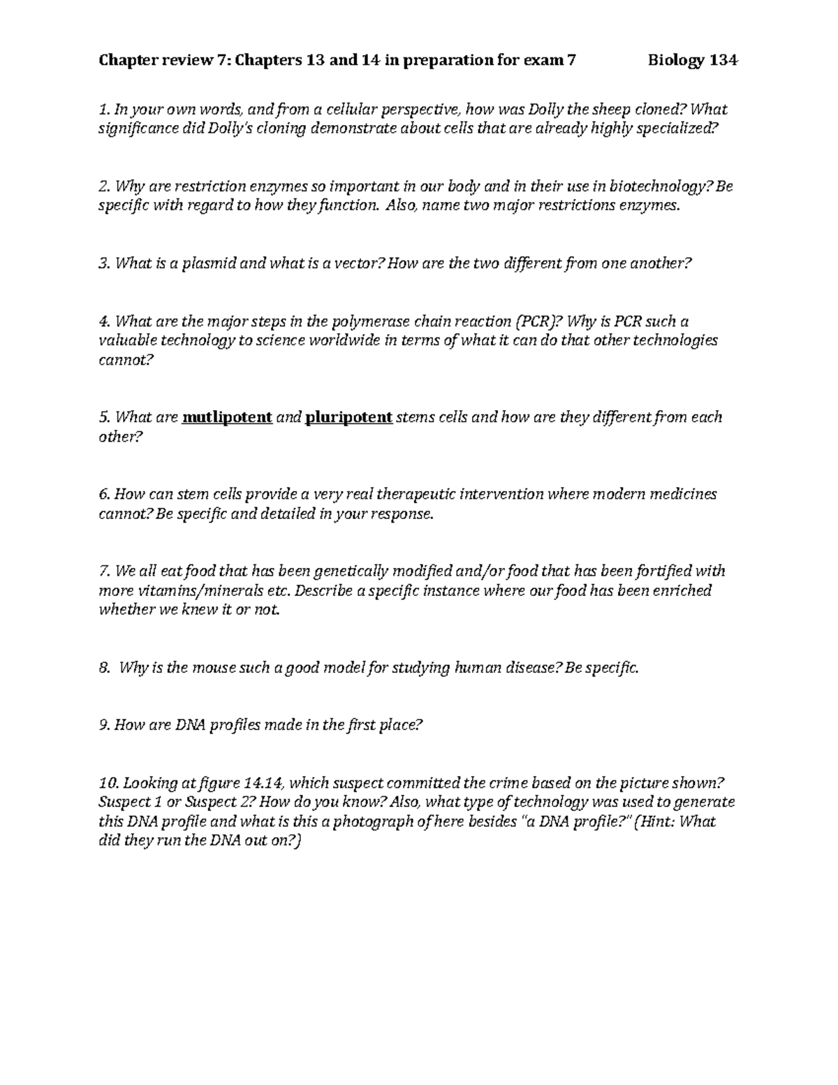 Chapter Review 7 Bio 134 - Chapter review 7: Chapters 13 and 14 in ...