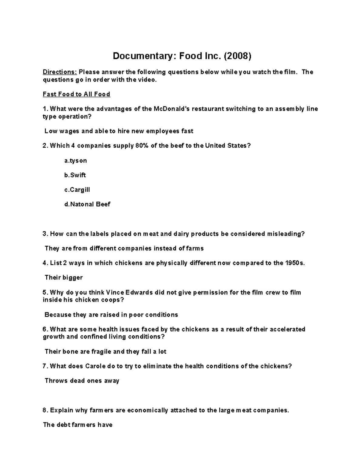 Documentary Food Inc - (2008) Directions: Please answer the following ...