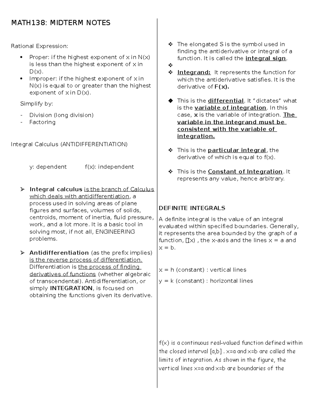 MATH138 Midterm Notes - MATH138: MIDTERM NOTES Rational Expression ...