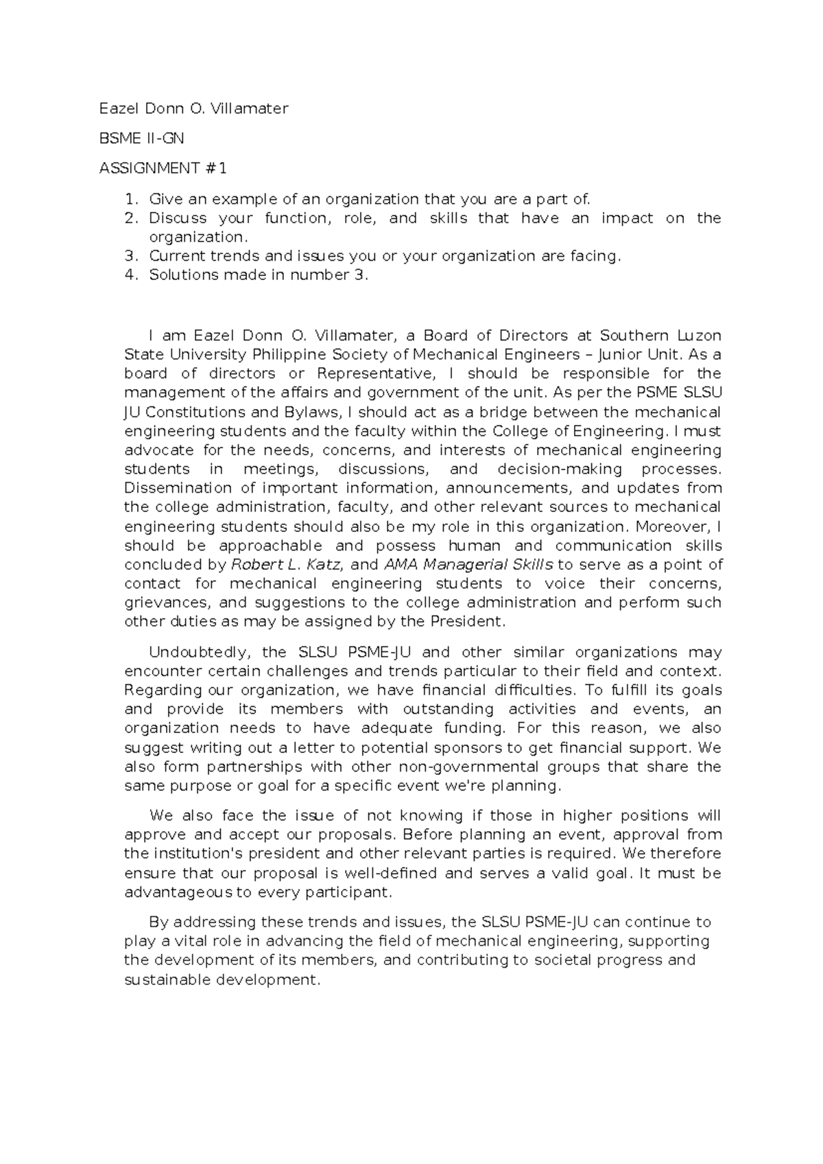 Engineering management assignment villamater - Eazel Donn O. Villamater BSME II-GN ASSIGNMENT ...