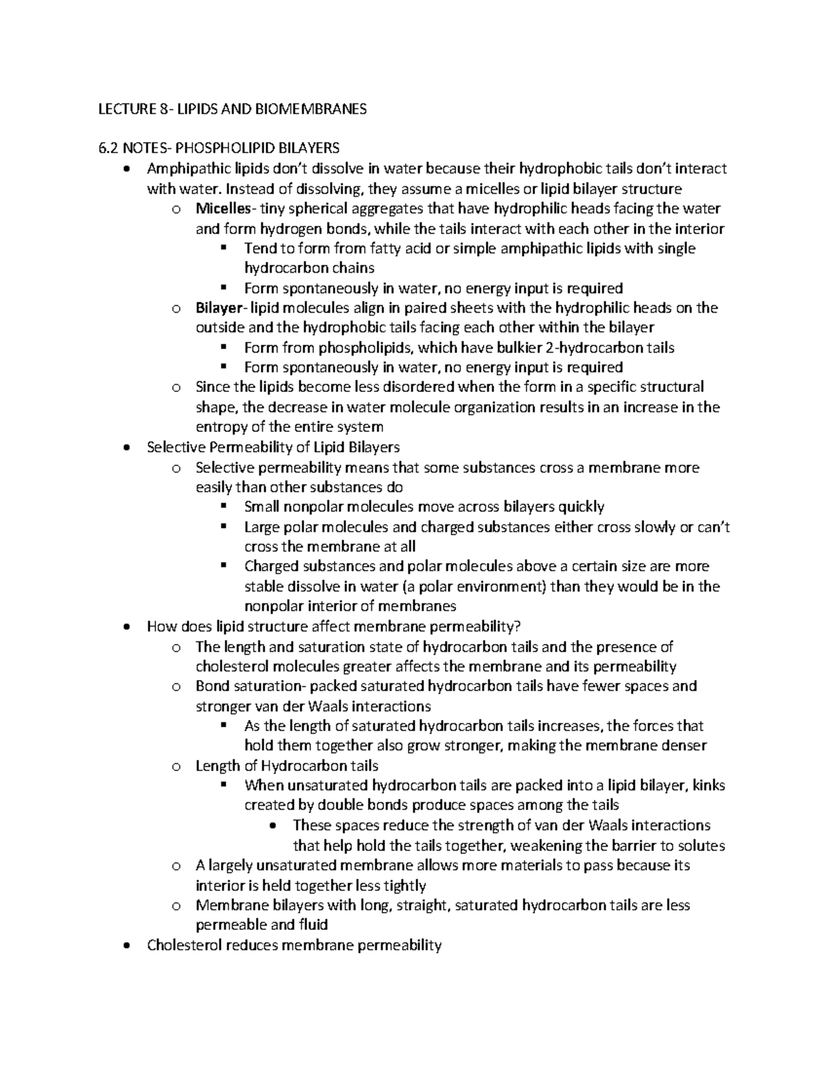 Lecture 7 and 8 Book Notes - LECTURE 8- LIPIDS AND BIOMEMBRANES 6 NOTES ...
