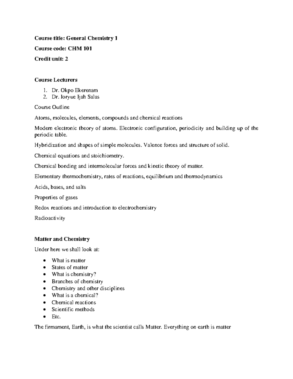 CHM 101 General Chemistry I Lecture Note - Course title: General Chemistry 1 Course code: CHM ...