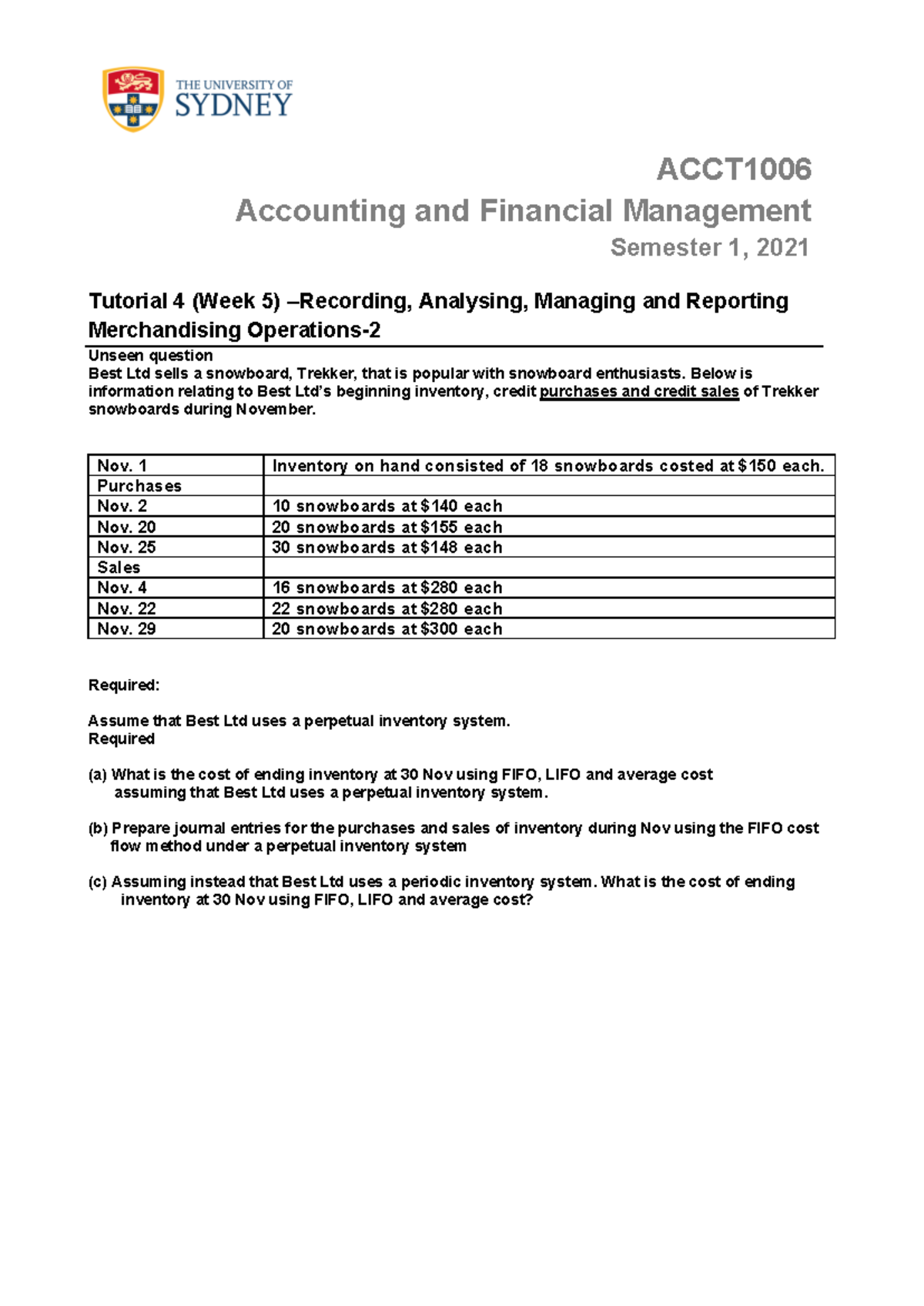 Tut4内容 - ACCT1006 - ACCT Accounting and Financial Management Semester 1, 2021 Tutorial 4 (Week 5 ...