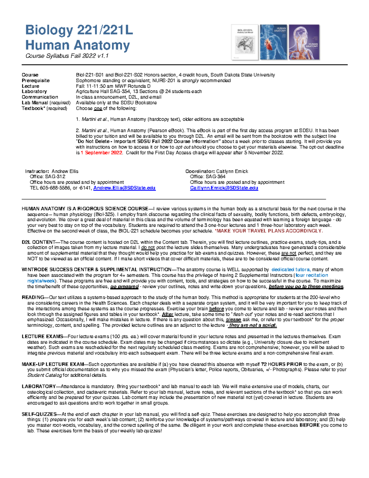 F22 BIOL 221 Syllabus - Biology 221/221L Human Anatomy Course Syllabus ...