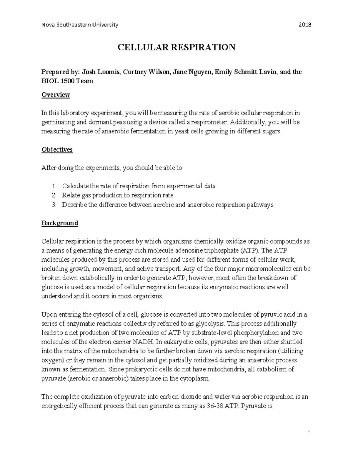 Cell Respiration Student Handout - Nova Southeastern University 2018 ...
