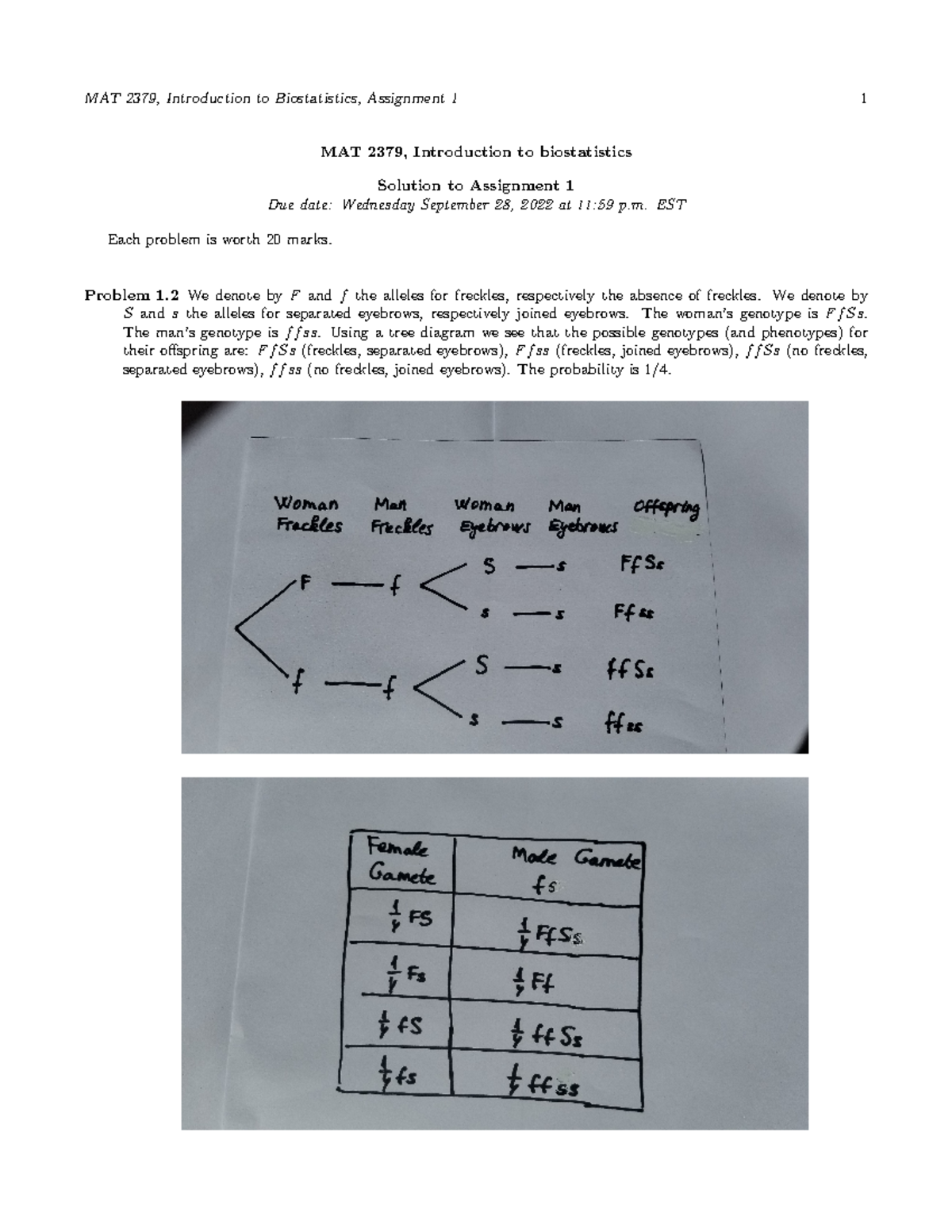 2379-assign 1sol-2022 - MAT 2379, Introduction to Biostatistics, Assignment 1 1 MAT 2379, - Studocu