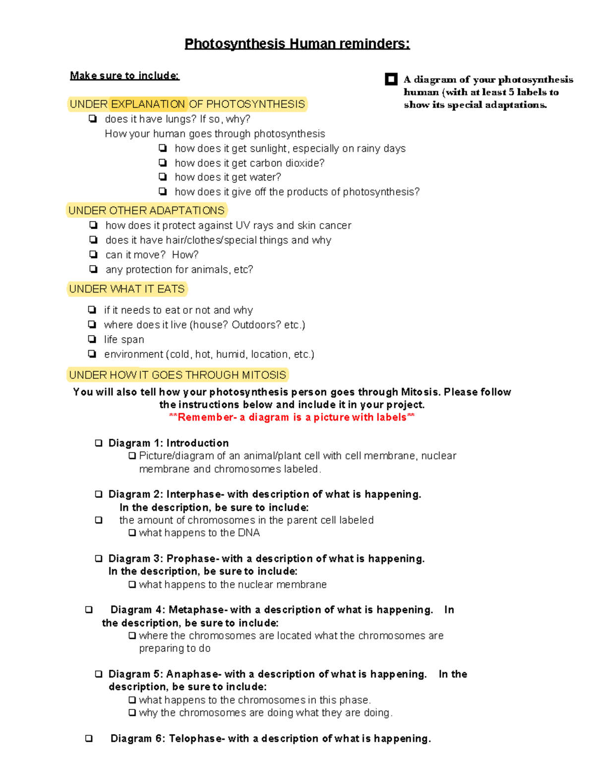 Checklist-Photosynthesis Human - Photosynthesis Human reminders: Make ...