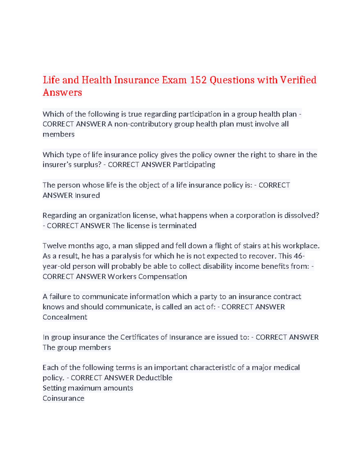 Life and Health Insurance Exam 152 Questions with Verified Answers - As ...