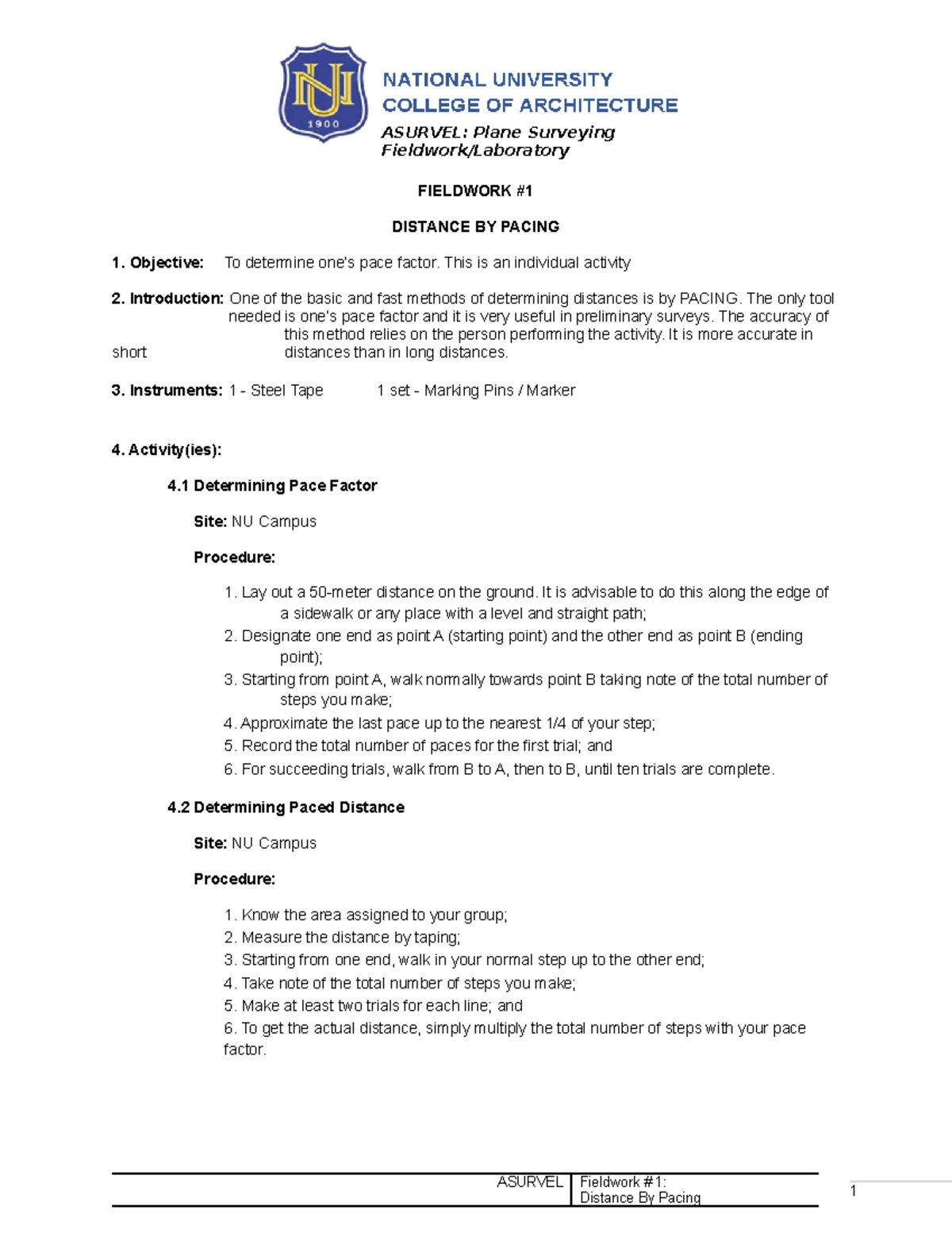 1 Distance By Pacing - Surveying Lectures - FIELDWORK DISTANCE BY ...