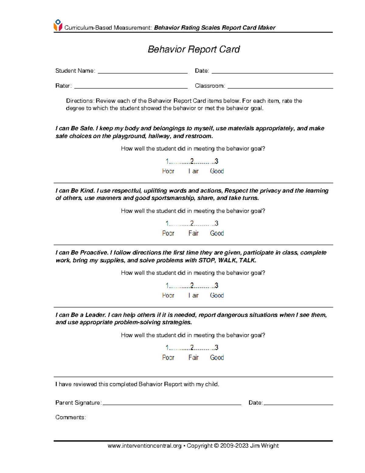 Behavior Rating Scale Report Card - For each item, rate the degree to ...