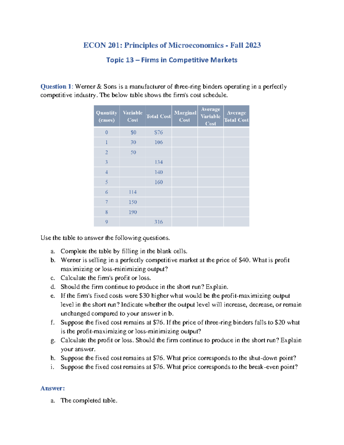Topic 13 – Firms in Competitive Markets - Answers - ECON 201 ...