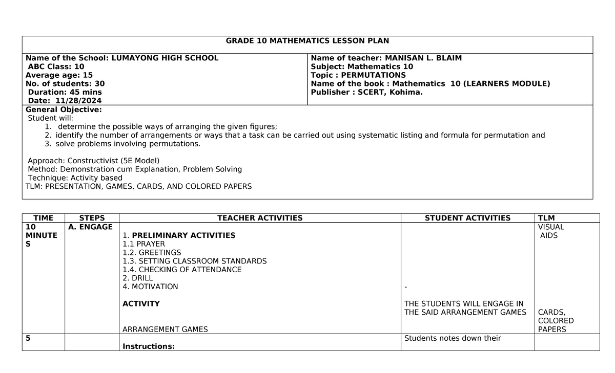 DEMO Grade 10 Mathematics Lesson PLAN - GRADE 10 MATHEMATICS LESSON ...