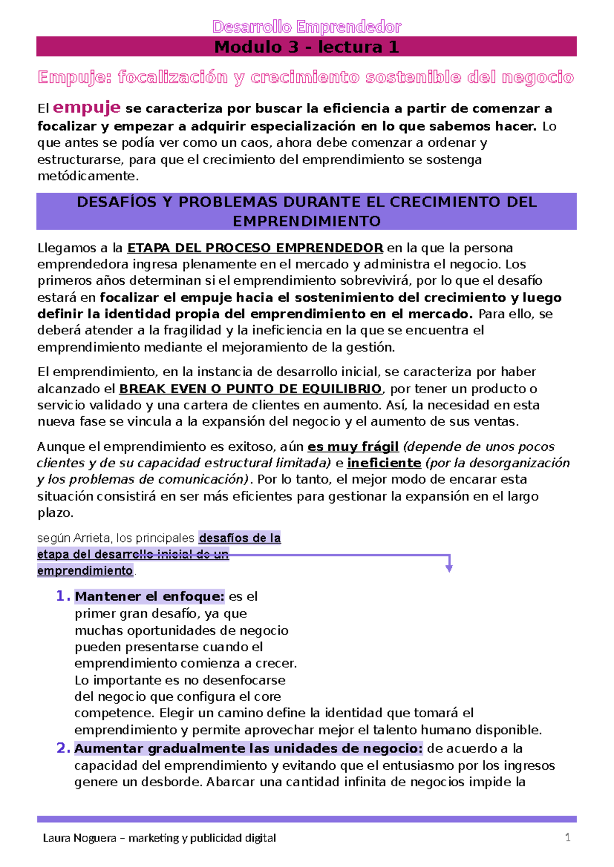 Resumen M3 Desarrollo Emprendedor - Modulo 3 - lectura 1 Empuje: focalización y crecimiento ...