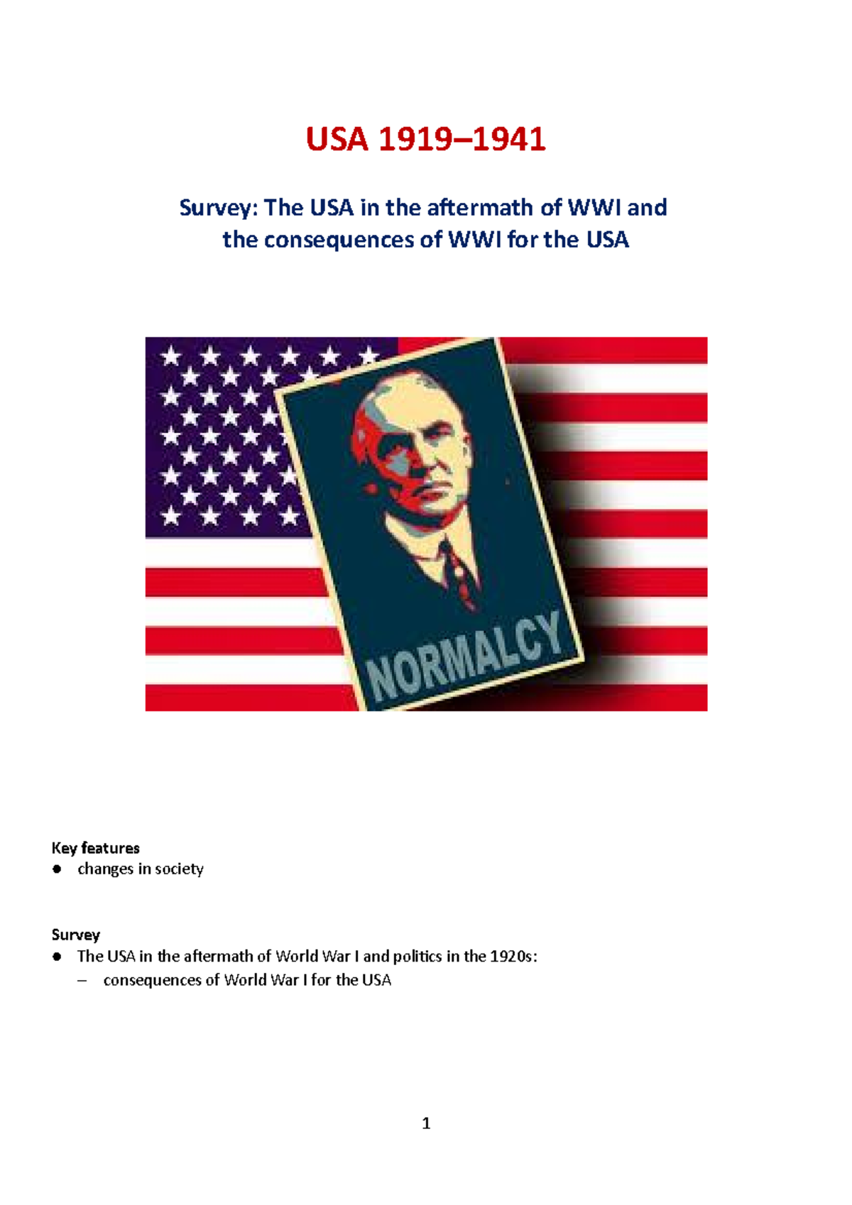 Harry Dean Ridley - Survey - Consequences of WWI for the USA - USA 1919 ...