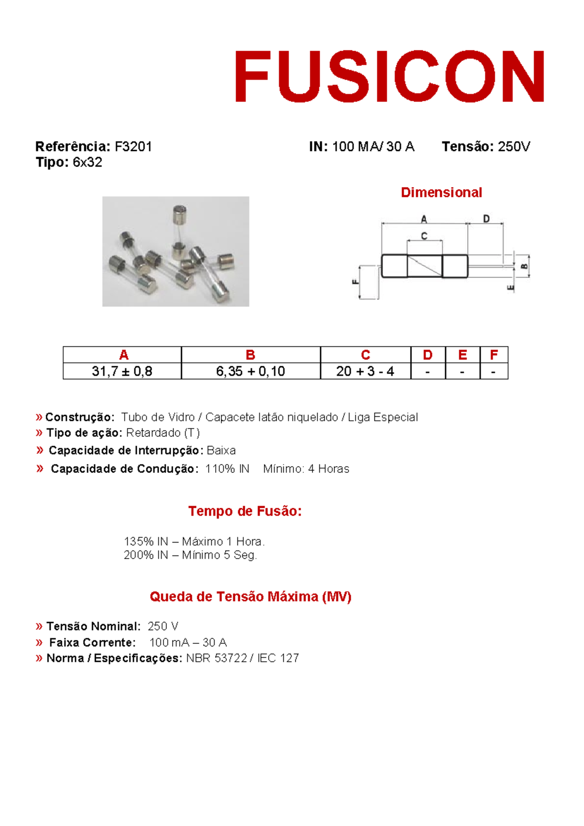 Catalogo Fusíveis Vidro 6X32 Retardado 250V - FUSICON Referência: F3201 ...