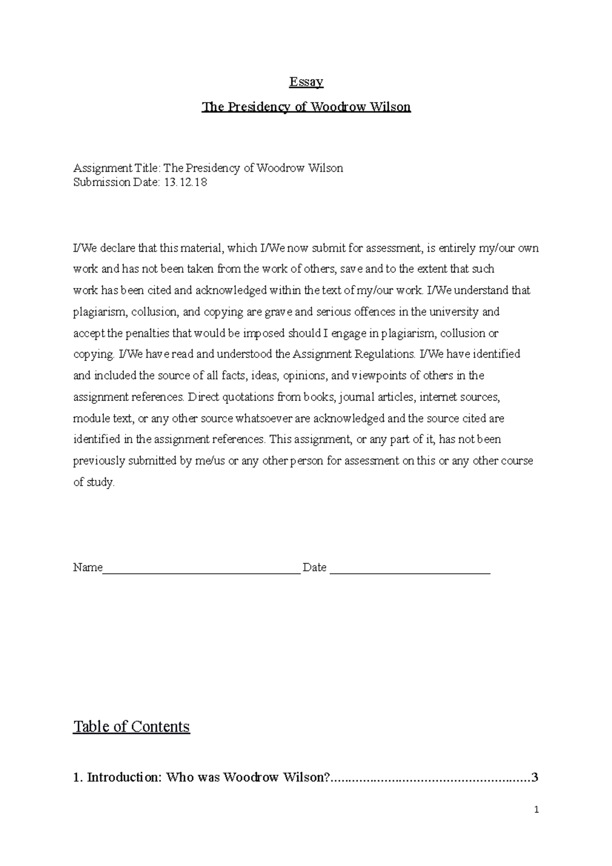 Woodrow Wilson - Note: 1,0 - Essay The Presidency of Woodrow Wilson ...