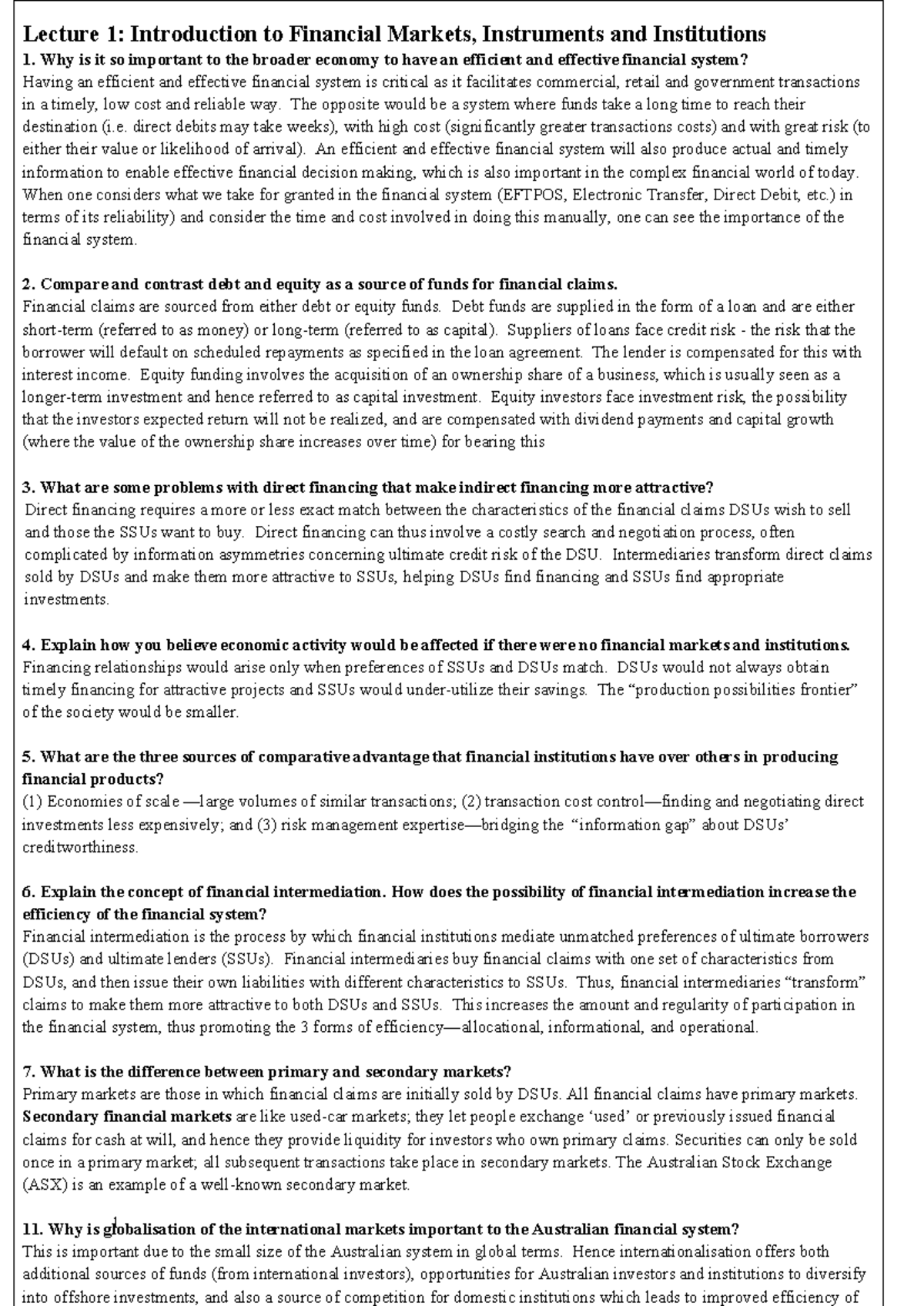 Financial markets exam notes - 1 Lecture 1: Introduction to Financial ...