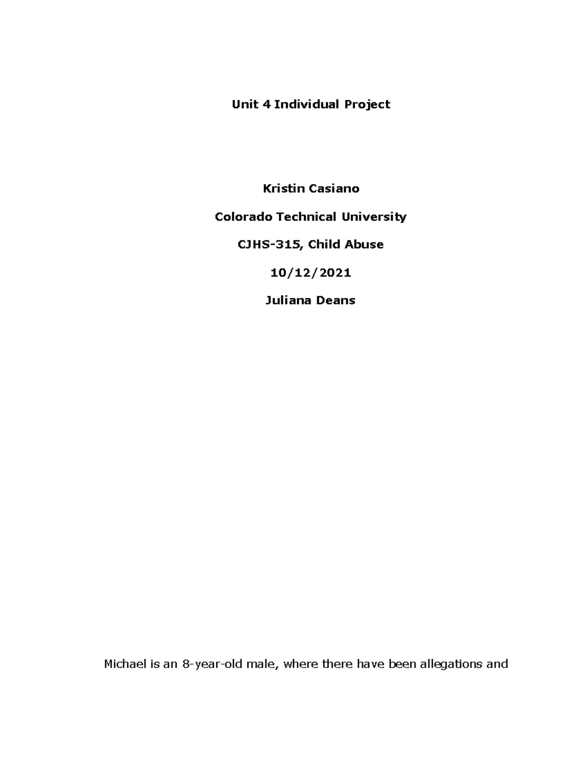 CJHS315 Child Abuse UNIT 4 IP - Unit 4 Individual Project Kristin ...