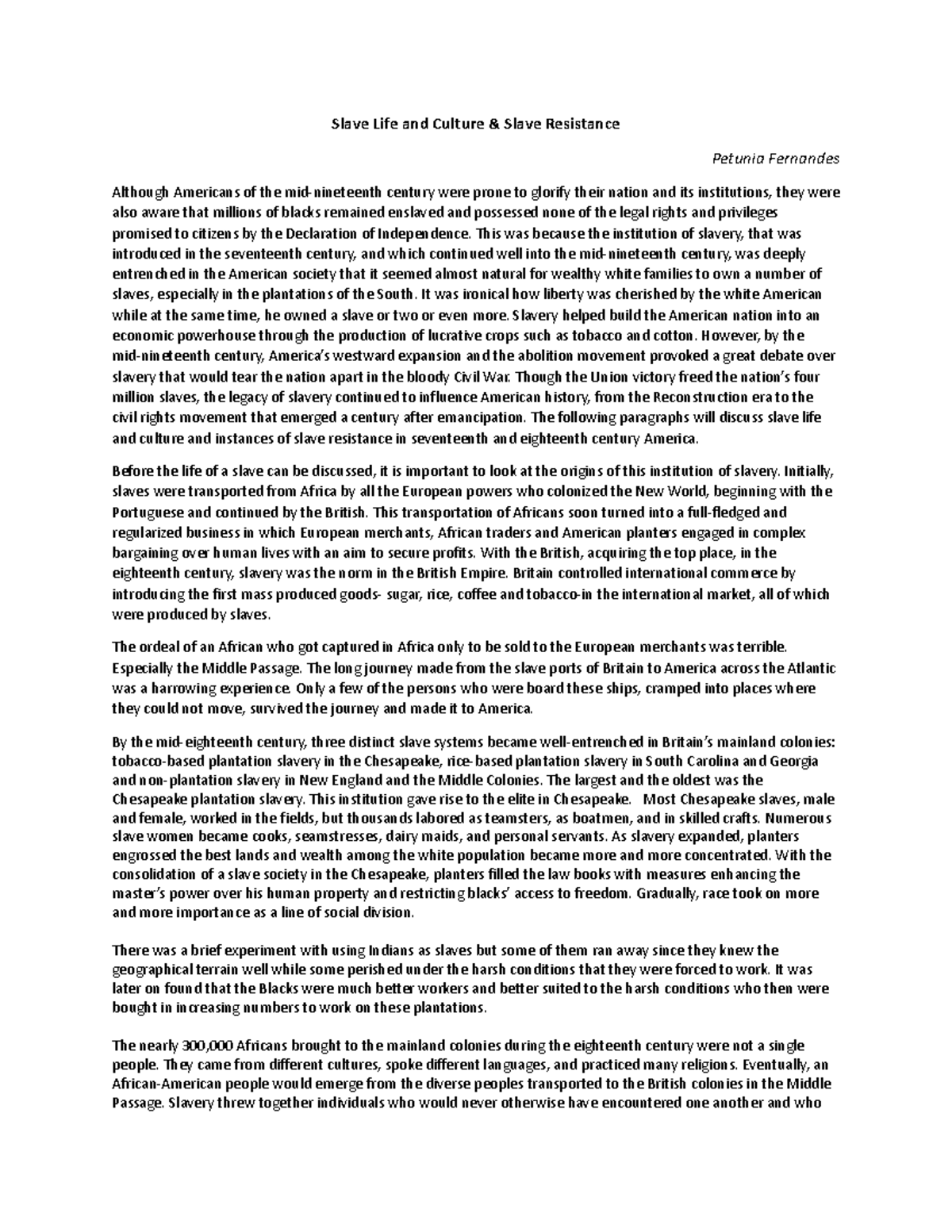 Slave Life and Culture - Summary Ba Honours History - Slave Life and ...
