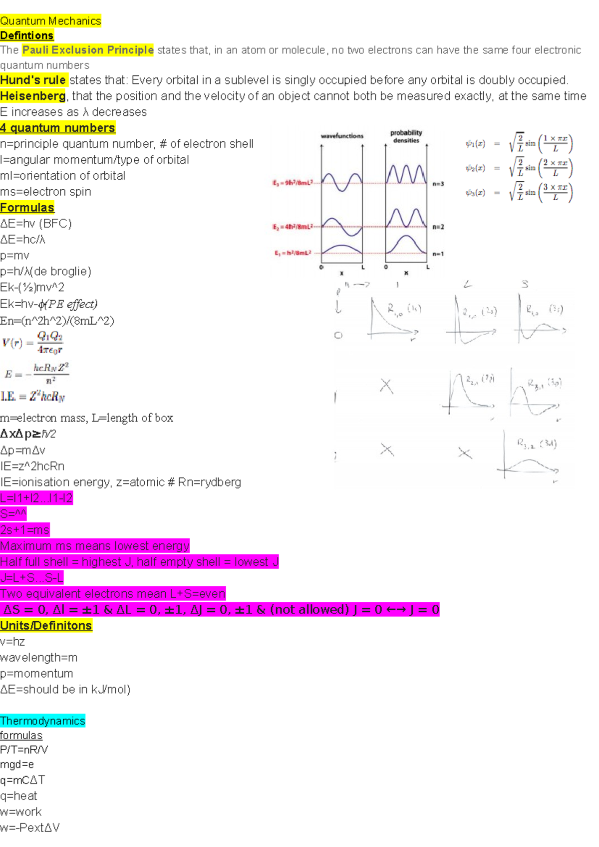CHEM2410 Cheat Sheet - Quantum Mechanics Defintions The Pauli Exclusion ...