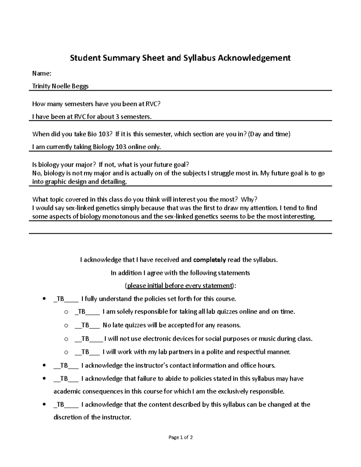 104 Syllabus S21 student trinity beggs - Student Summary Sheet and ...