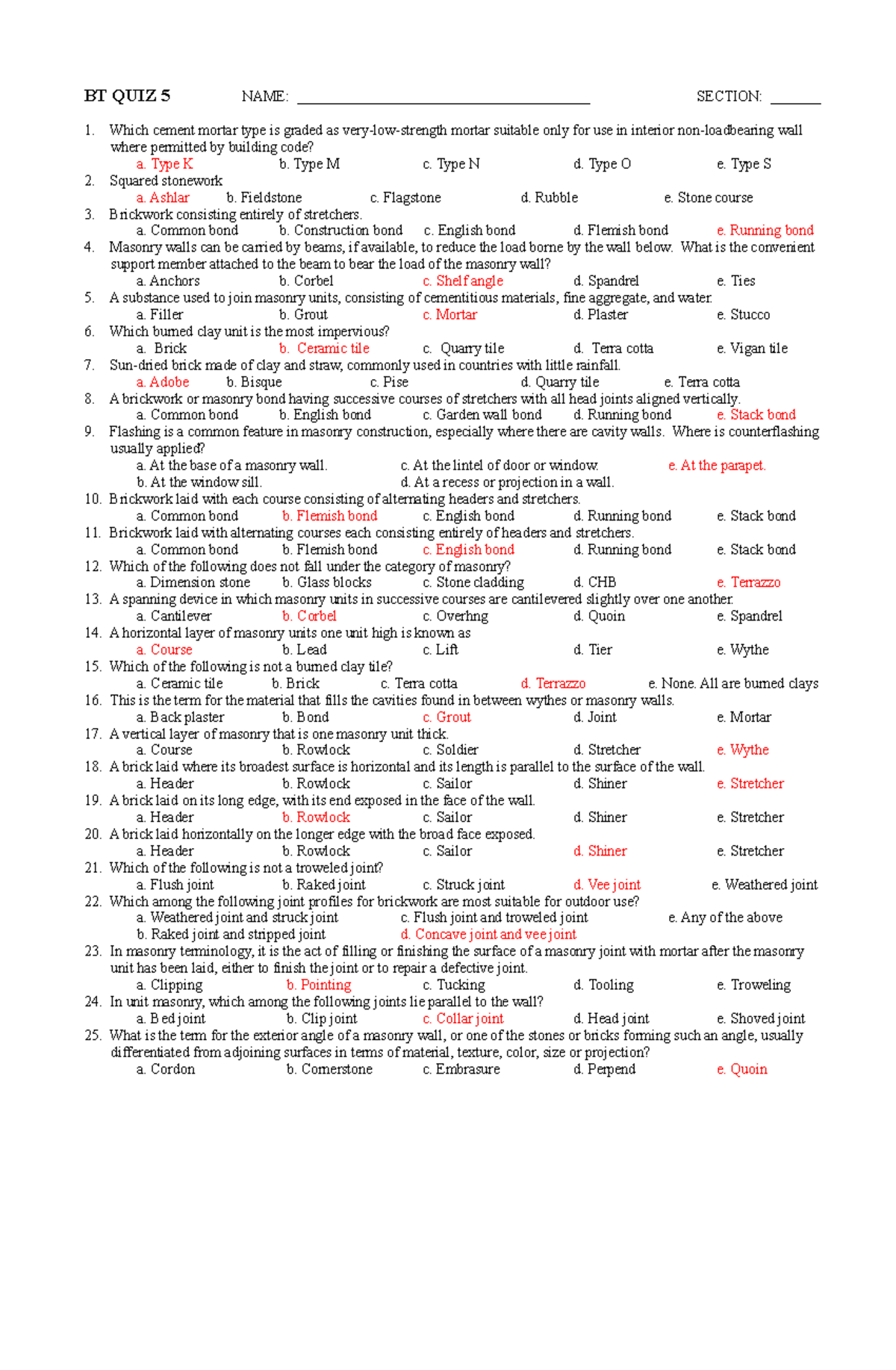 building technology - BT QUIZ 5 NAME: ________________________________________ SECTION ...