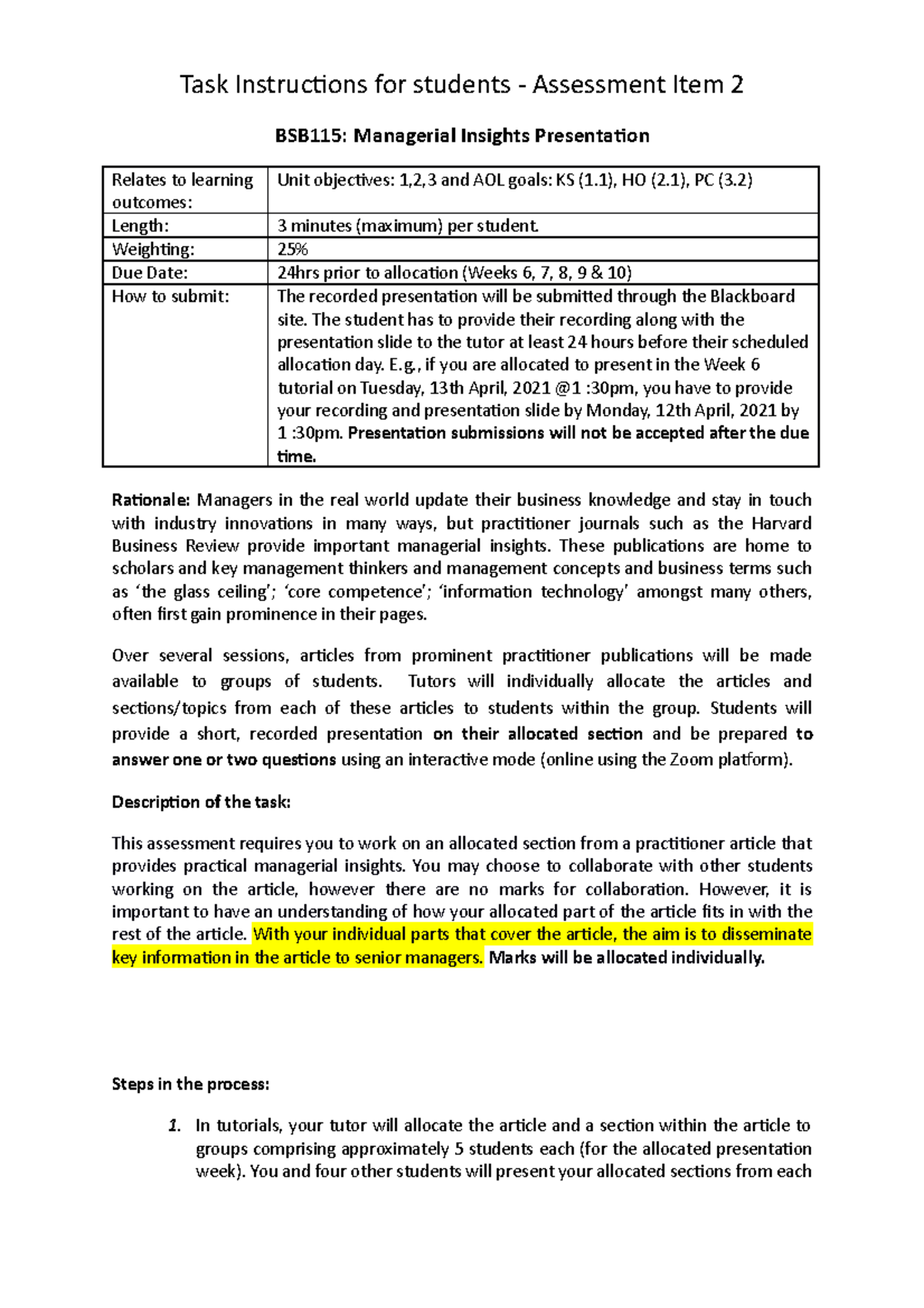 A2 Task Instructions - Assessment task 2 summary - Task Instructions for students - Assessment ...