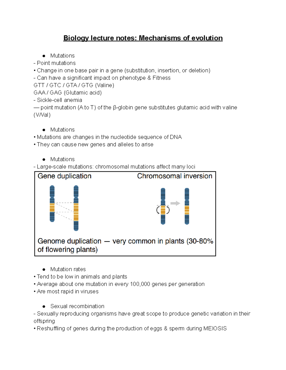Biology lecture notes Mechanisms of evolution - Genetic variation ...