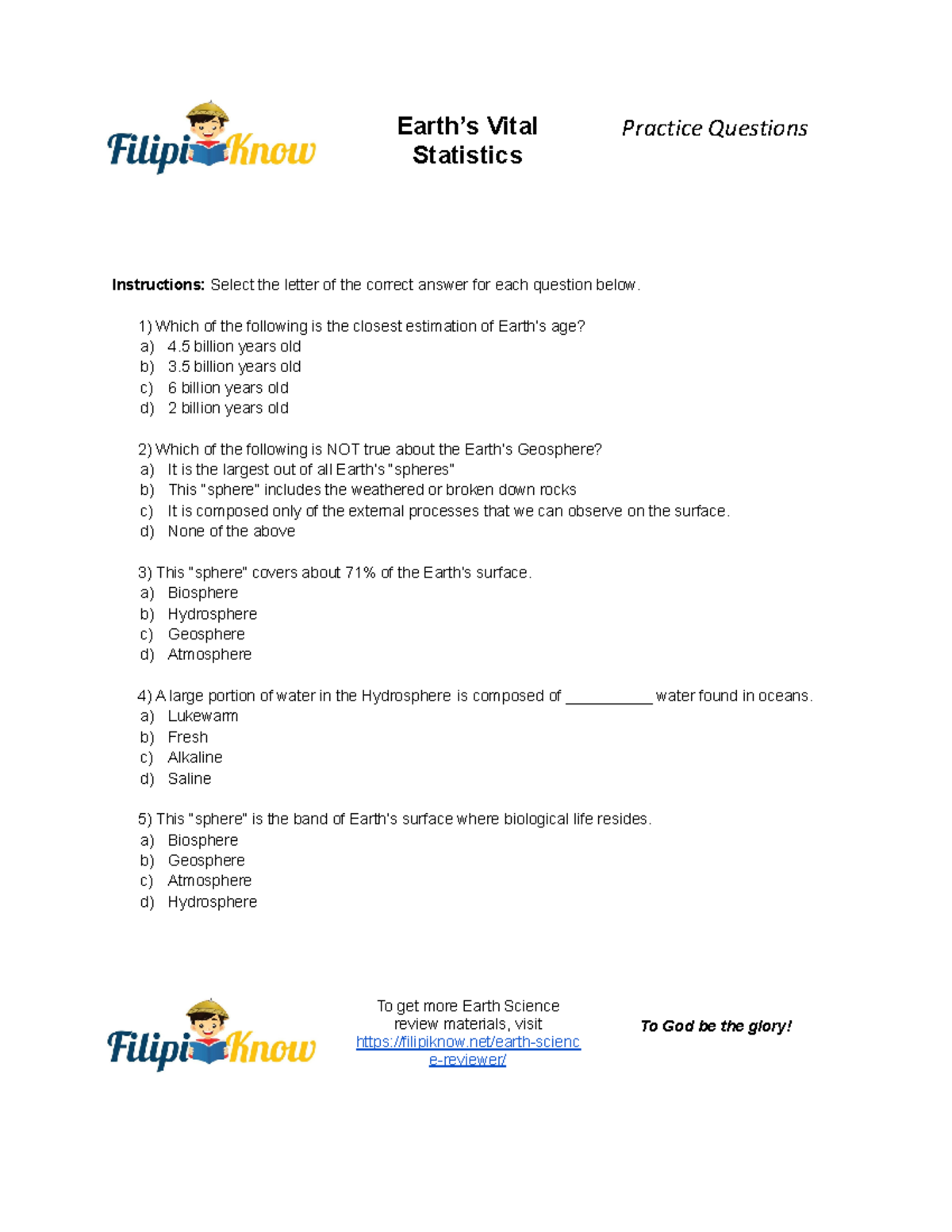 Earth Science Practice Questions Earth Vital Statistics - Earth’s Vital ...
