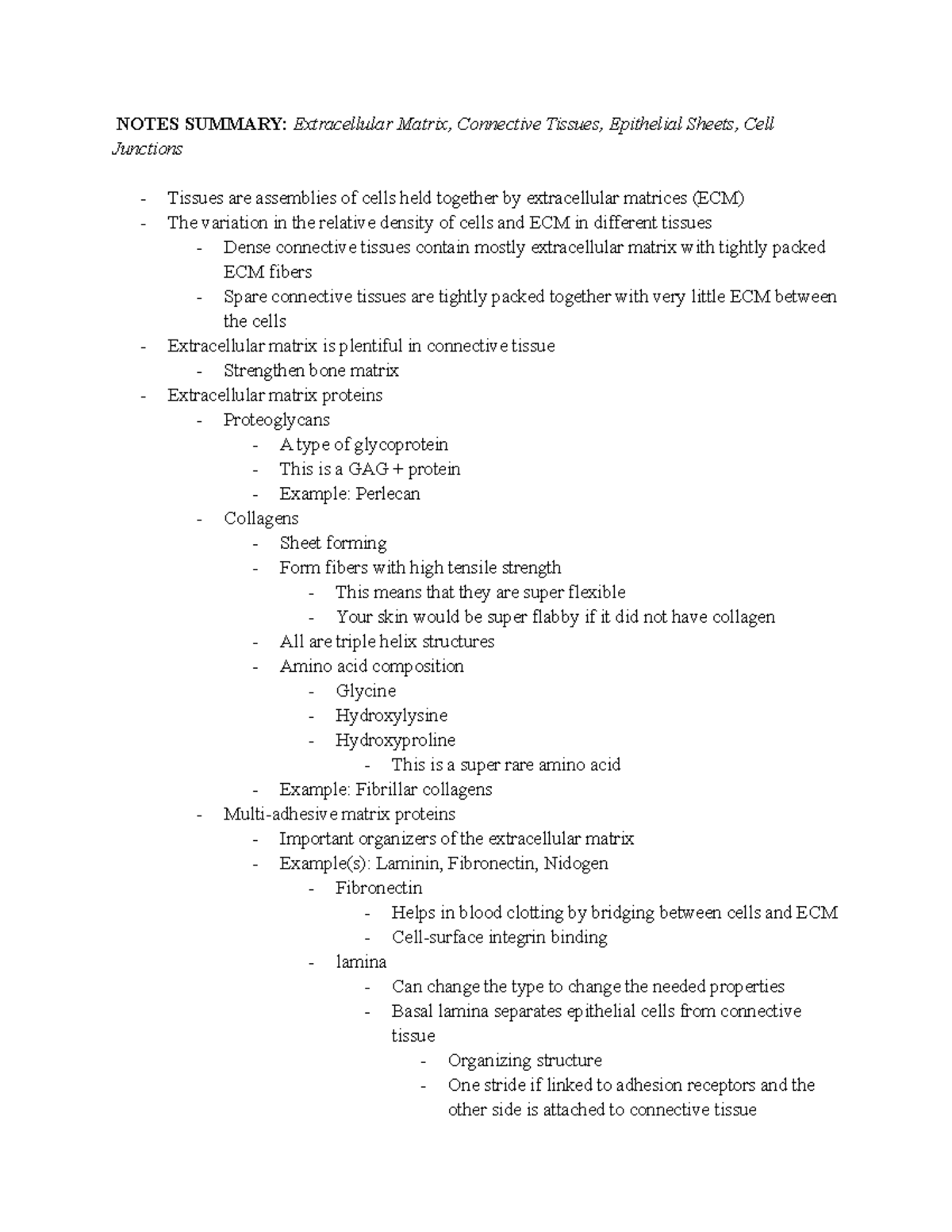 ECM Connective Tissues - NOTES SUMMARY: Extracellular Matrix ...