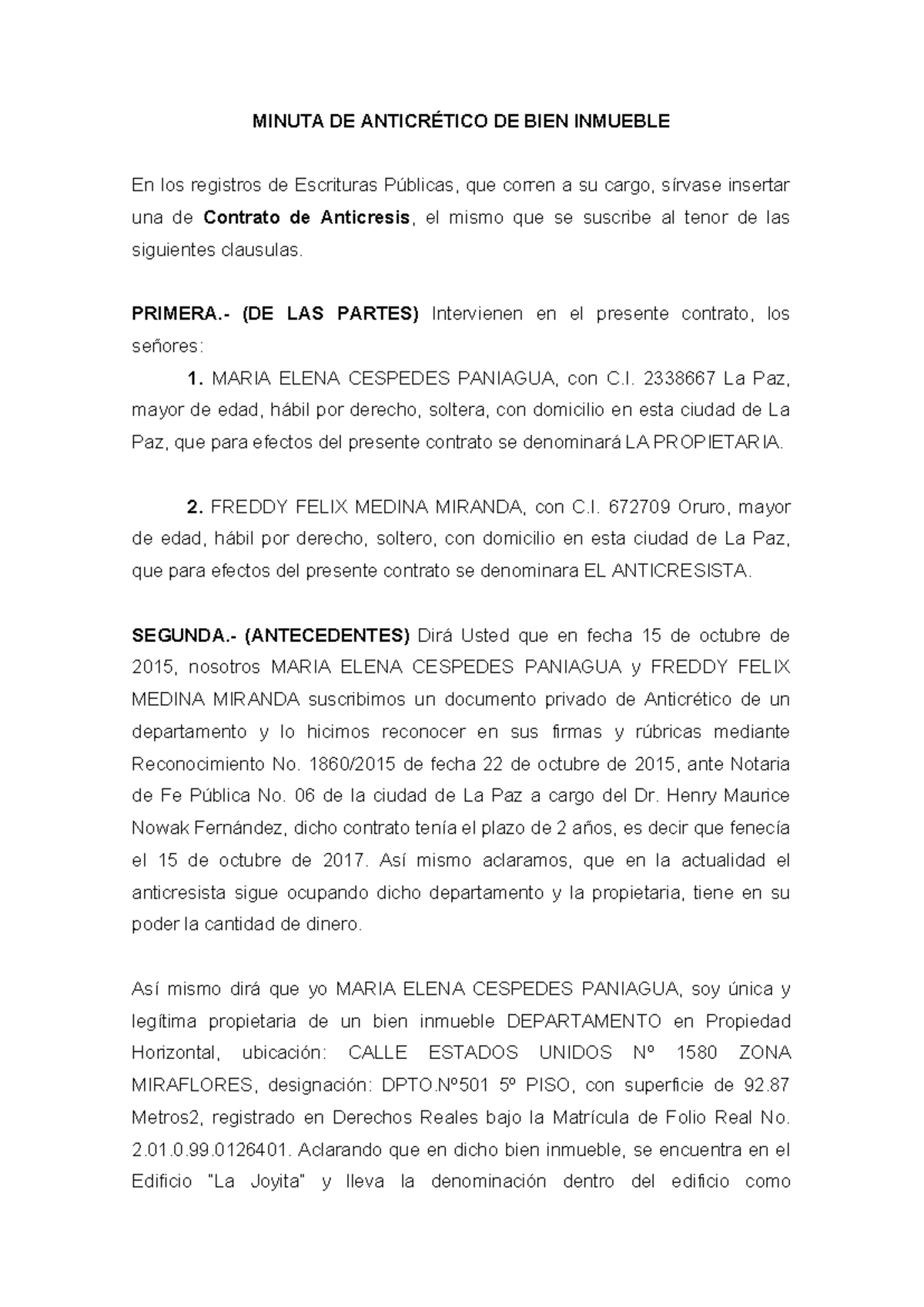 Contrato de anticretico bolivia - MINUTA DE ANTICRÉTICO DE BIEN ...