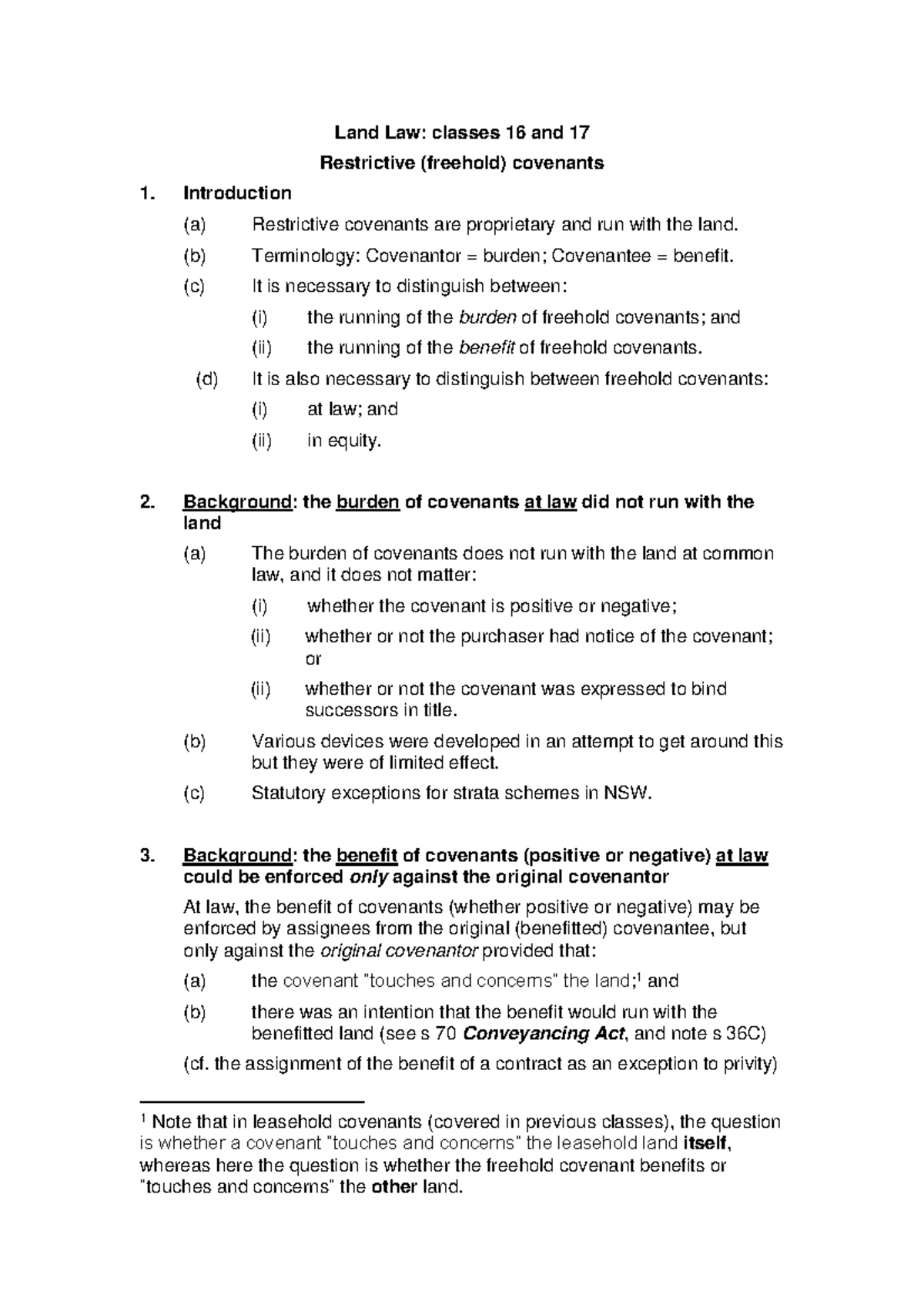 Land Law Outline Weeks 9 and 10 Classes 16 and 17 (Freehold Covenants ...