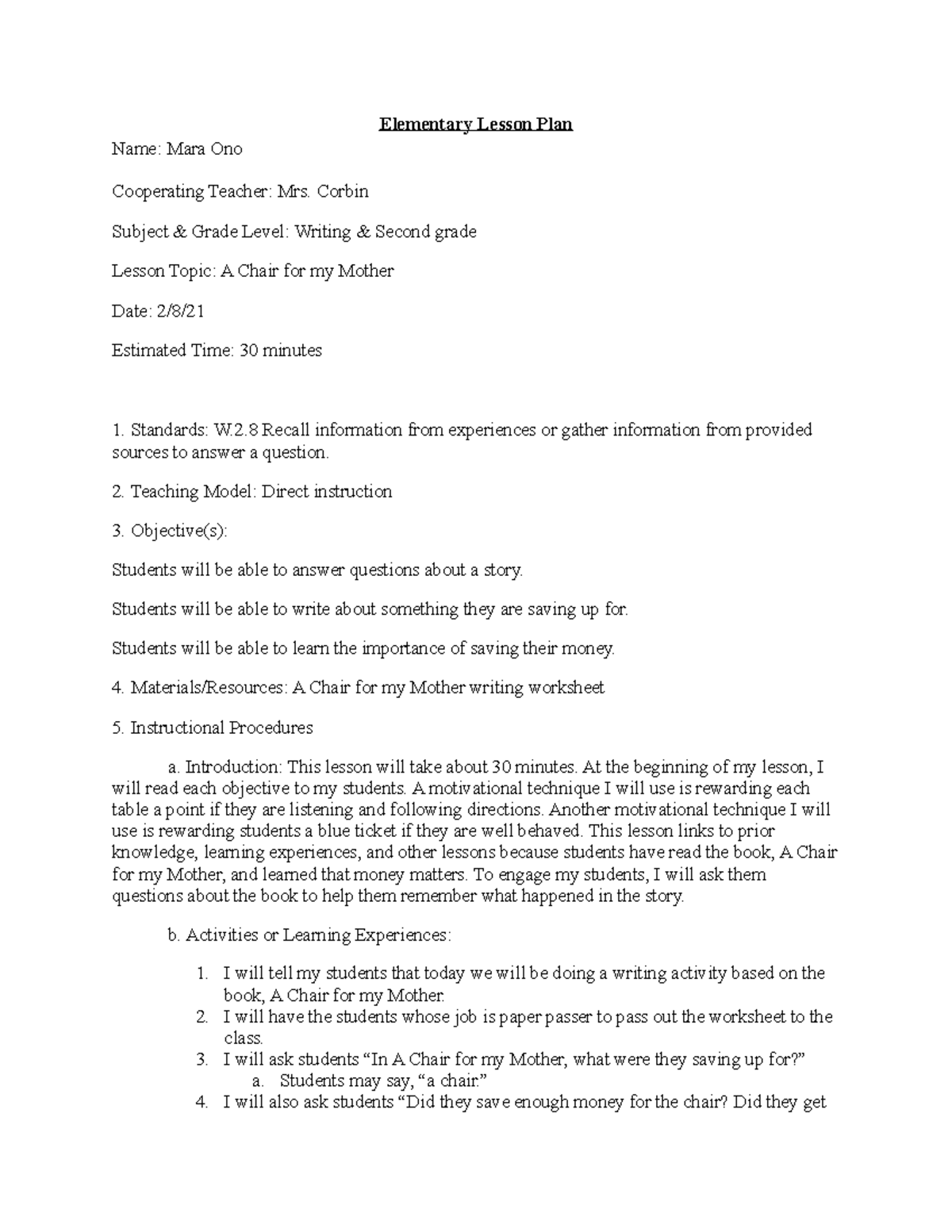 Lesson Plan #1 (Writing) - Elementary Lesson Plan Name: Mara Ono ...