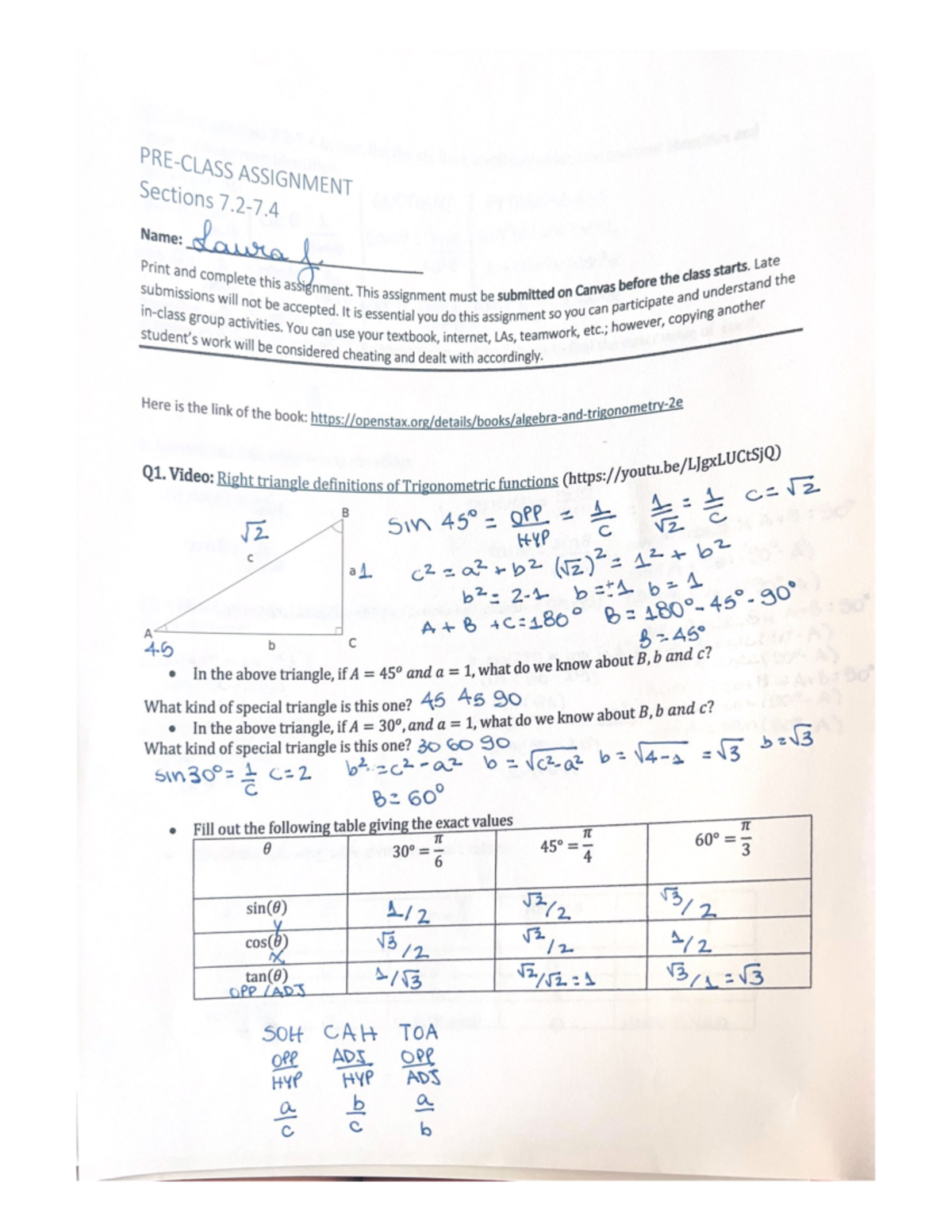 PRE- Class Assignment 7 - ASSIGNMENT Sections Name: Print and Laural starts. Late submissions ...