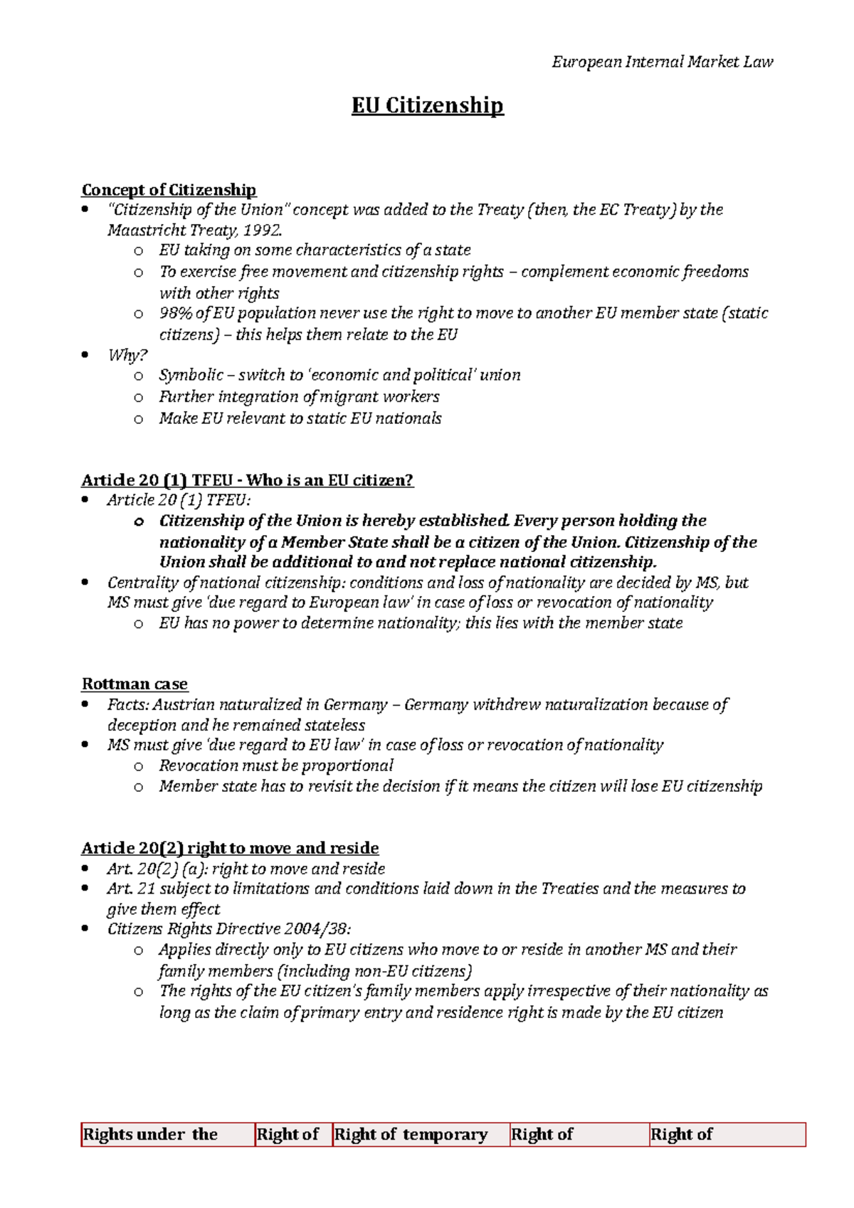 EU Citizenship - Lecture notes - EU Citizenship Concept of Citizenship ...
