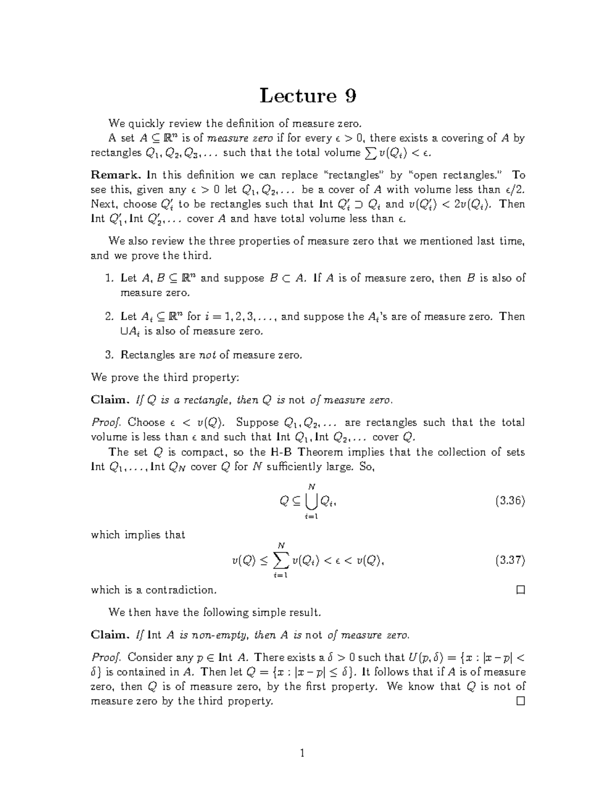 Mathematical Analysis-Lecture 9 - P Lecture 9 Wequicklyreviewthedefinitionofmeasurezero. AsetA ⊆ ...