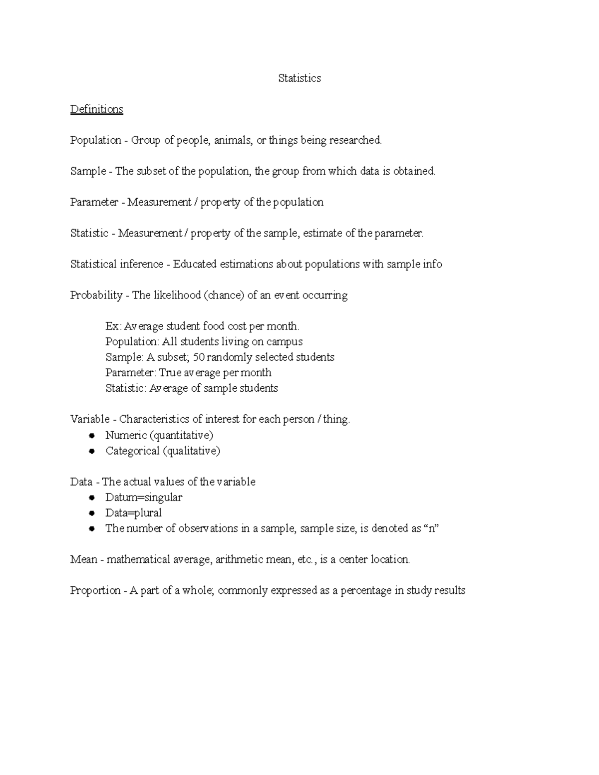 Statistics Notes 1 - Statistics Definitions Population - Group of ...
