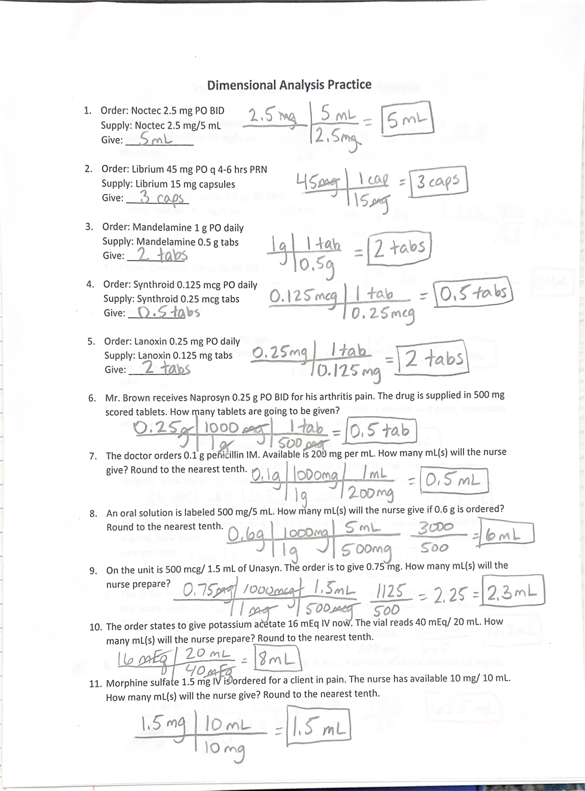 #3 - Med Math Review Packet - Key - Dimensional Analysis Practice 1 ...