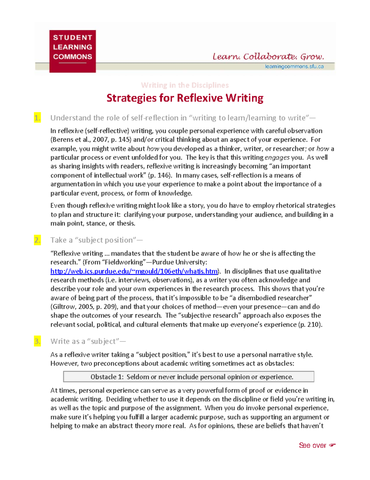 Writing reflective - See over ) Writing in the Disciplines Strategies ...